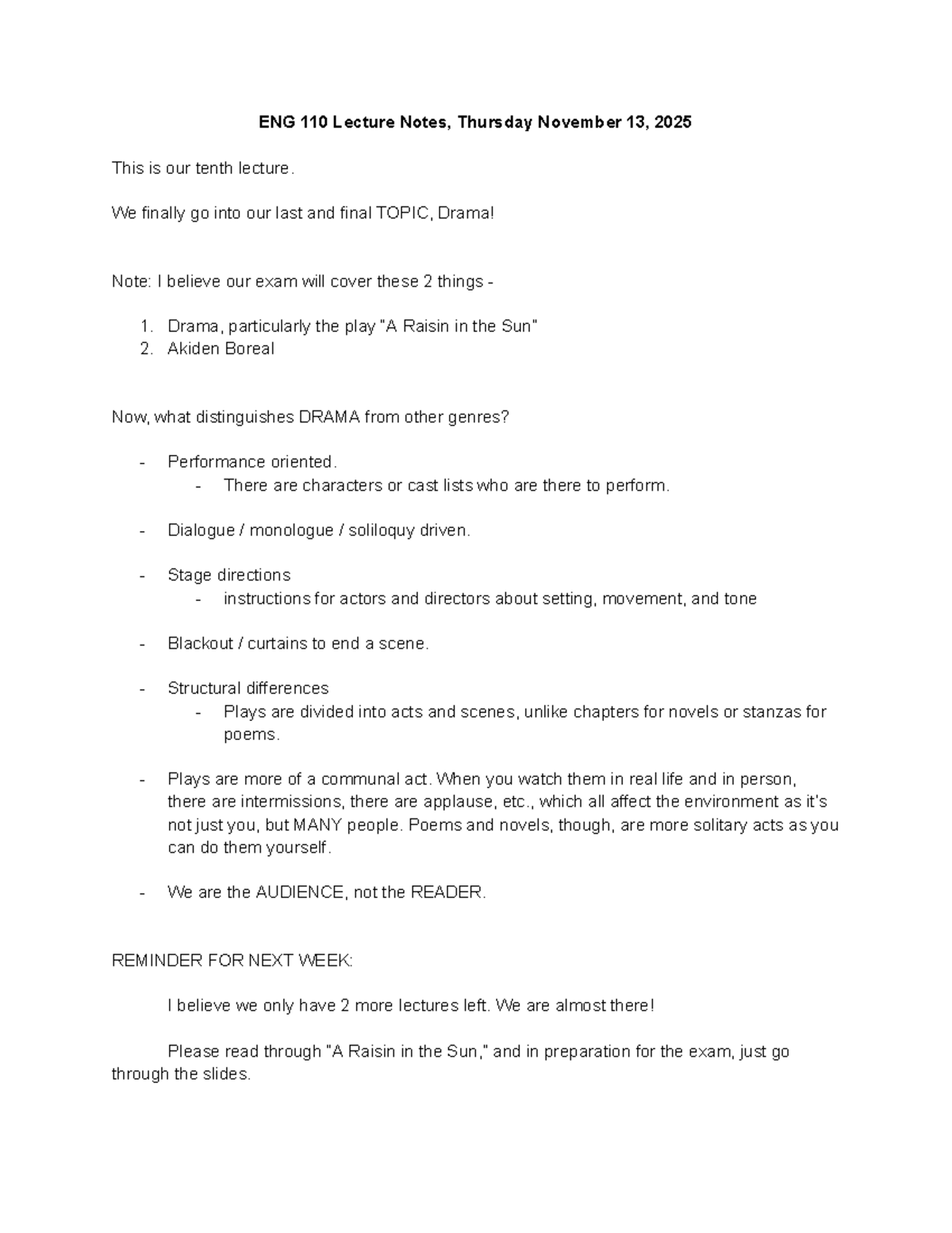 ENG 110 Lecture Notes: Drama & Raisin in the Sun Overview - Studocu