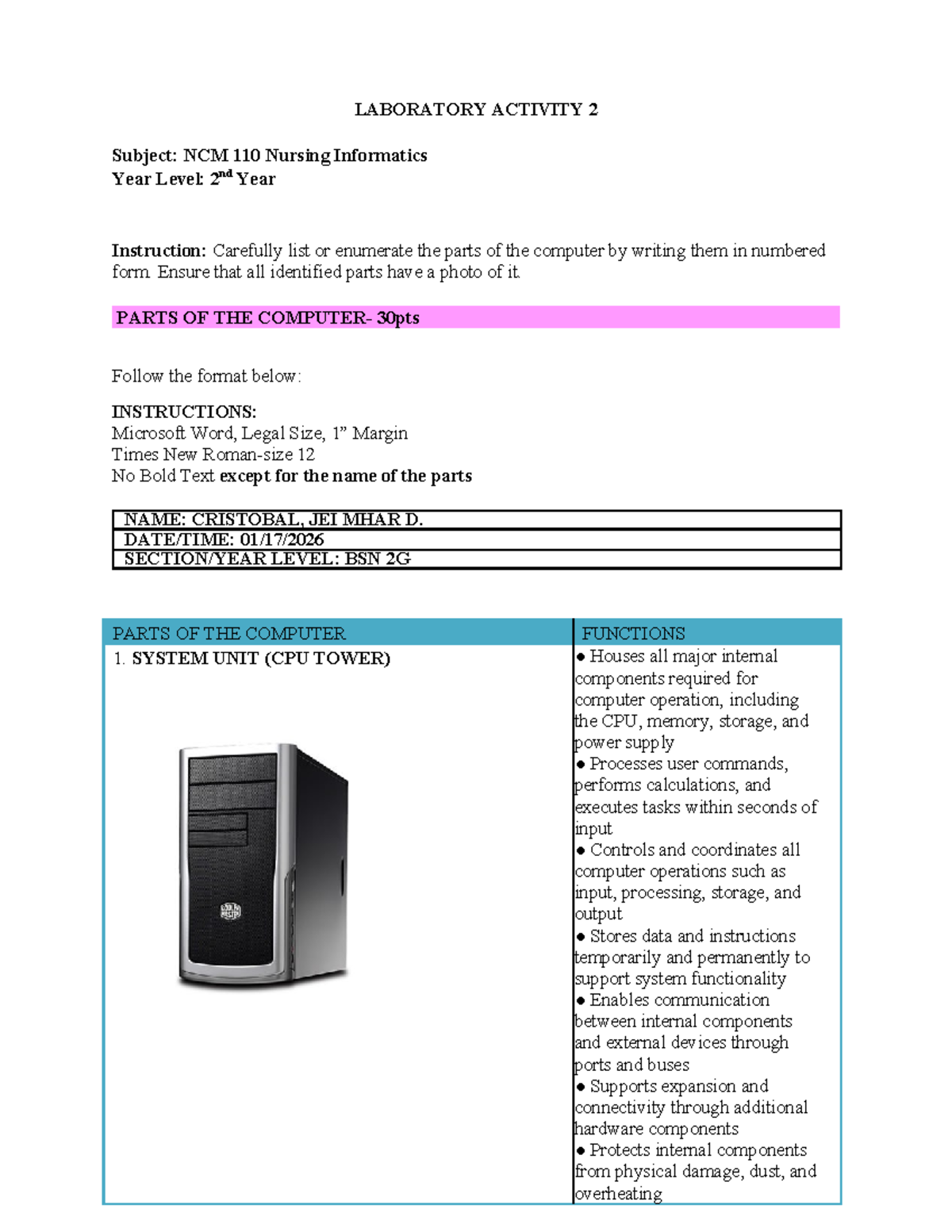 NCM 110: Lab Activity 2 - Parts of the Computer (2nd Year) - Studocu