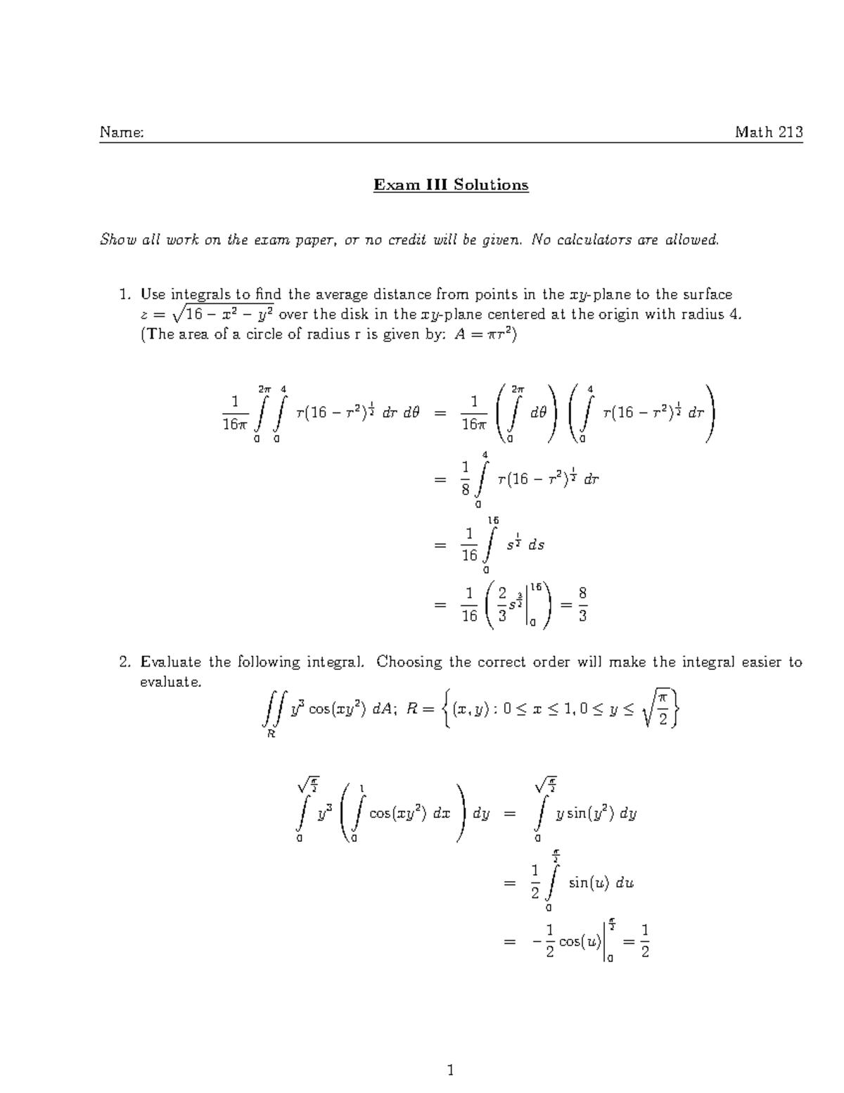 Math 213 Exam 3 Solutions with Detailed Work and Integrals - Studocu