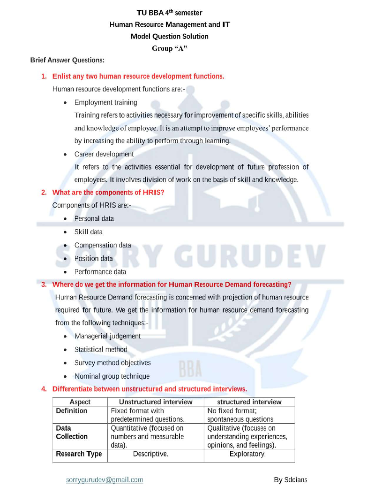 TU BBA 4th Semester HRM Model Questions & Solutions Guide - Studocu
