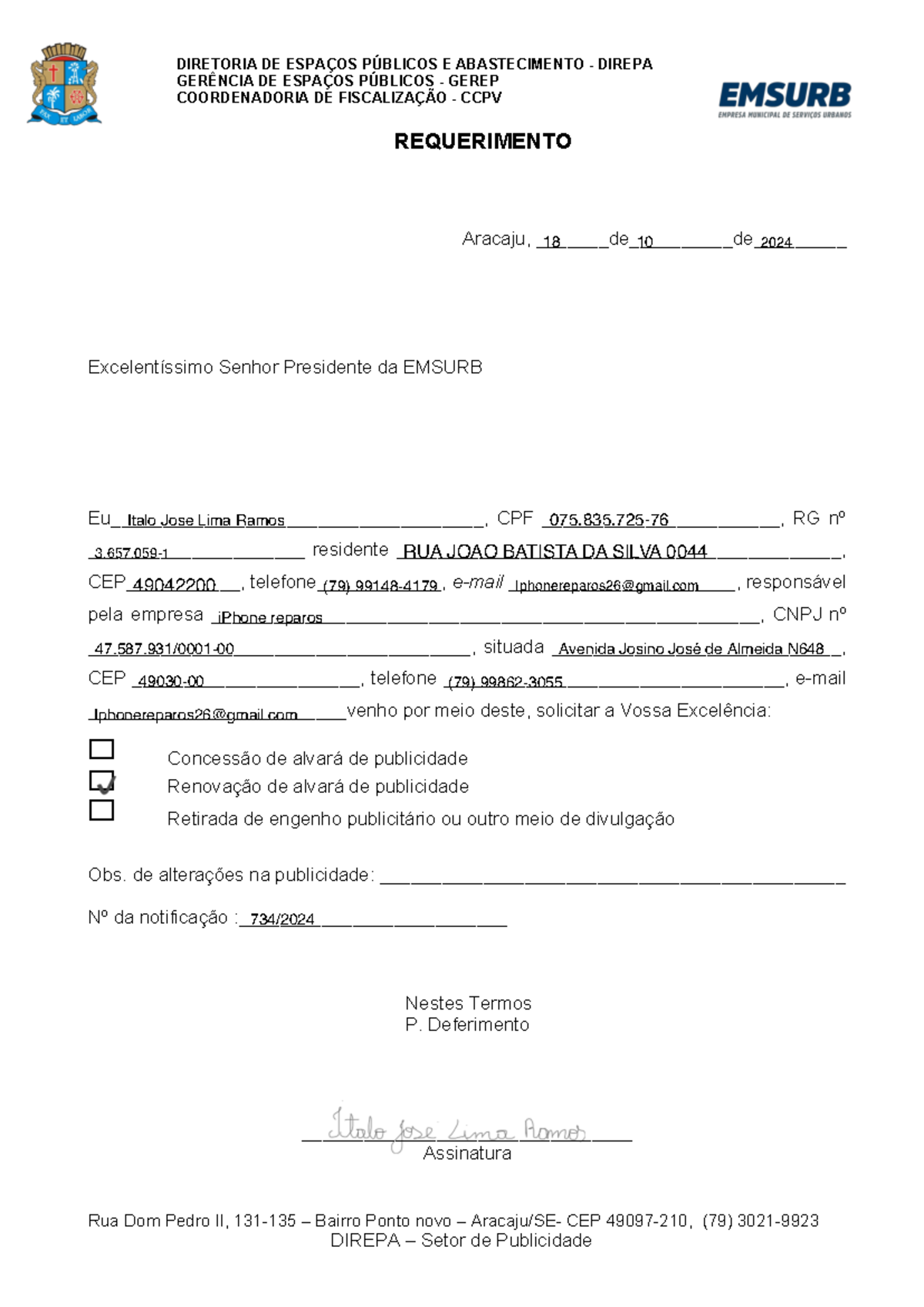 Renovacão - ADSFE - DIRETORIA DE ESPAÇOS PÚBLICOS E ABASTECIMENTO ...