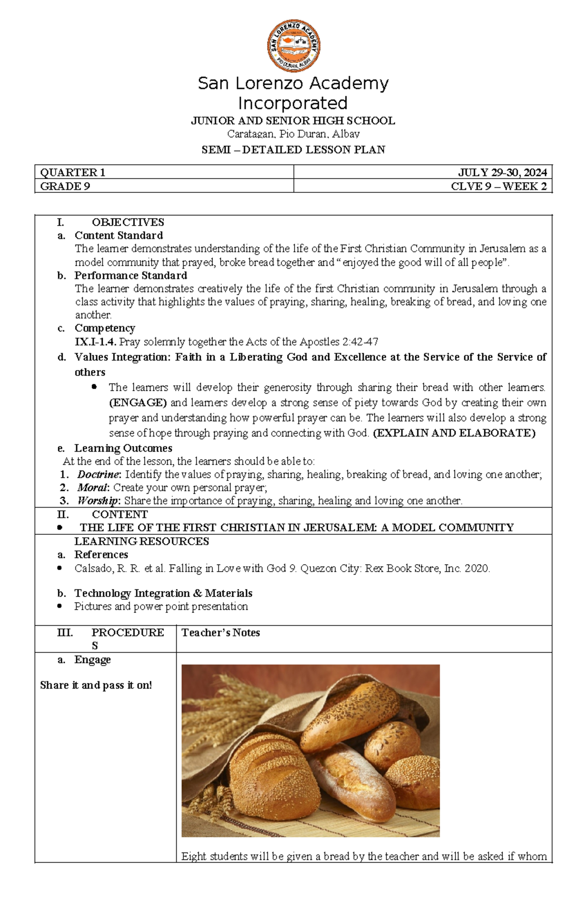 CLVE-9 - Quarter 1 Lesson Plan: Life of the First Christian Community ...