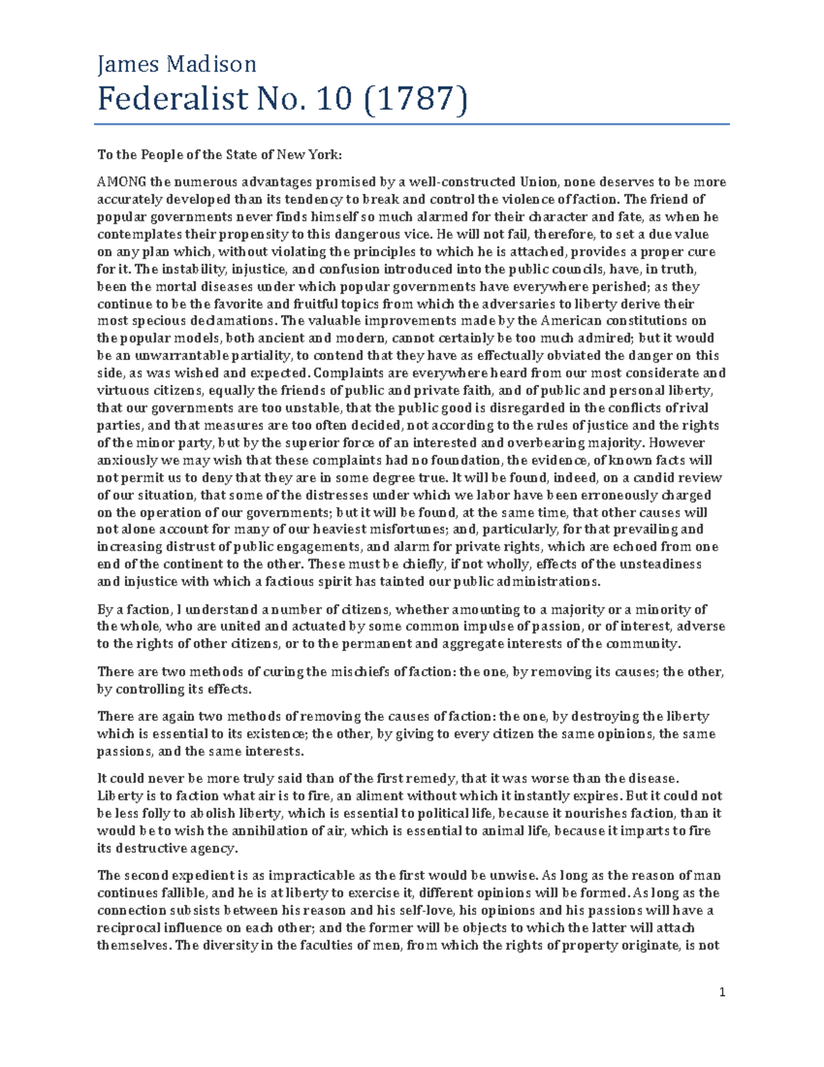 Federalist No. 10 (1787): The Dangers of Faction and Union - Studocu