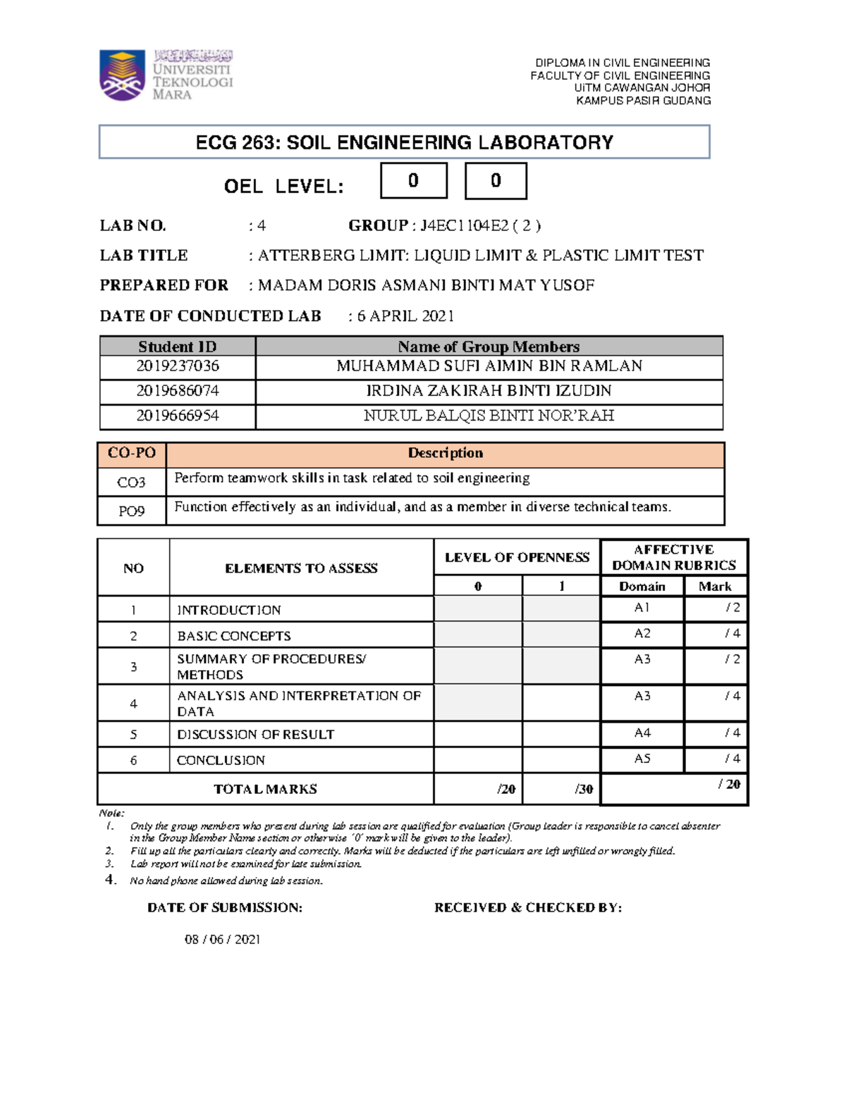 Atterberg Limit: Laboratory Report for ECG 263 Soil Engineering Lab ...