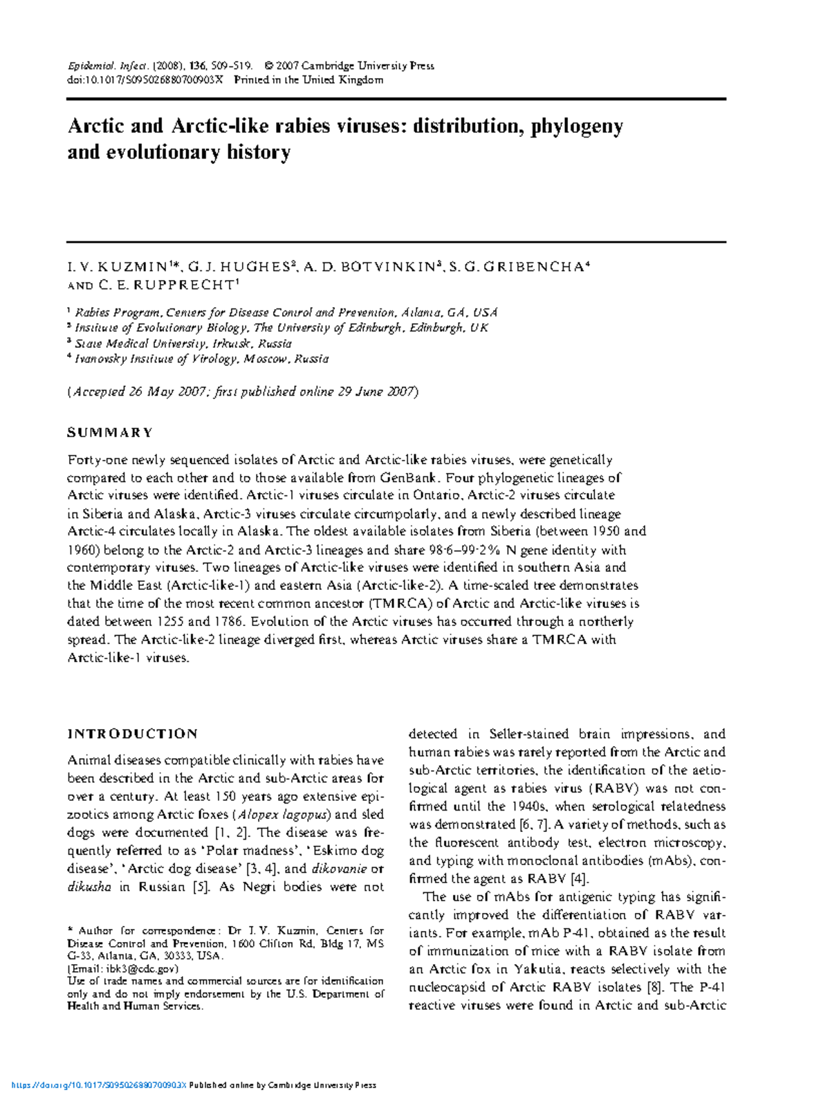 Distribution and Phylogeny of Arctic Rabies Viruses (Article 1) - Studocu