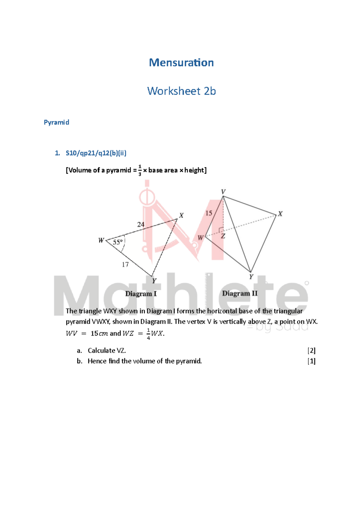 Worksheet 2b: Mensuration of Pyramids and Volumes - Studocu