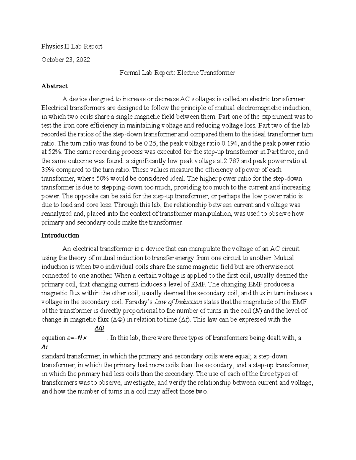Phys II Formal Report 8 - Physics II Lab Report October 23, 2022 Formal ...