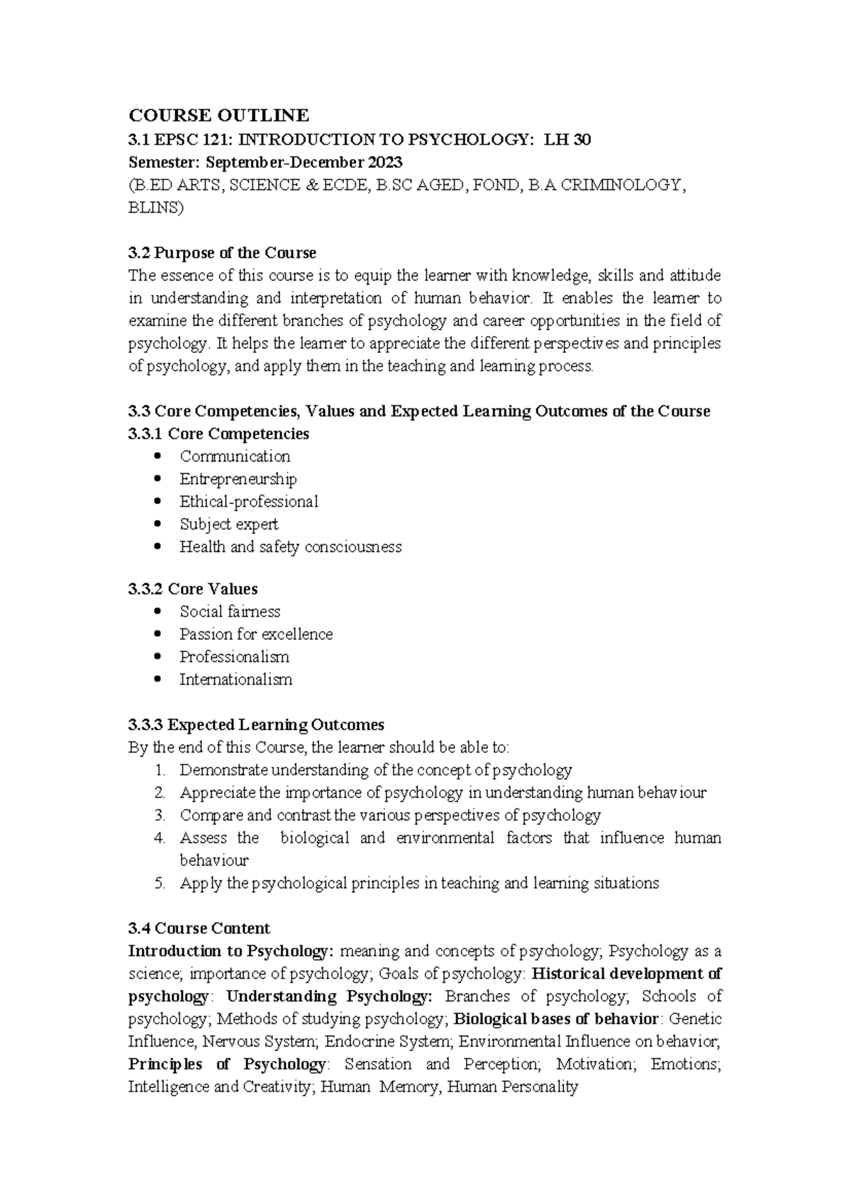 EPSC 121: Intro to Psychology Course Outline & Learning Outcomes 2023 ...