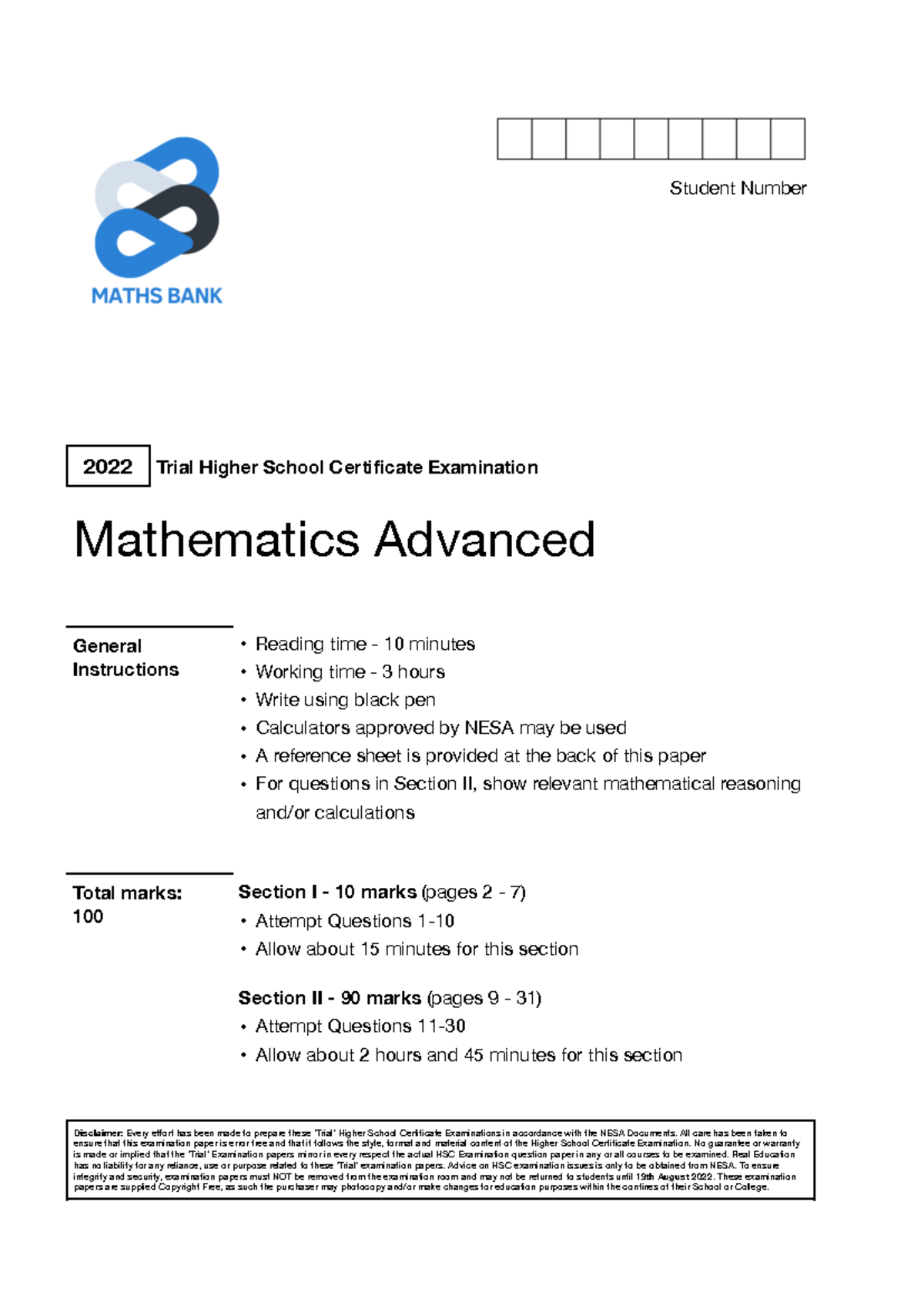 2022 HSC Mathematics Advanced Trial Exam Paper - Studocu