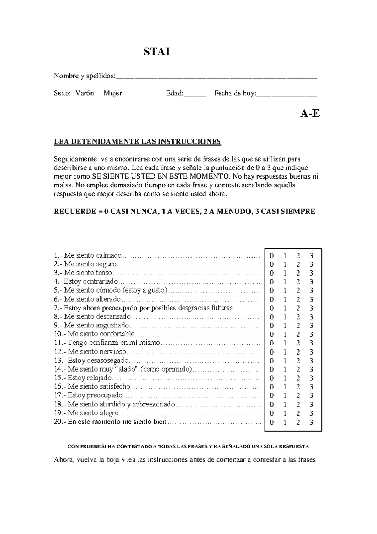 STAI Ficha: Inventario para Evaluar Síntomas de Ansiedad - Studocu