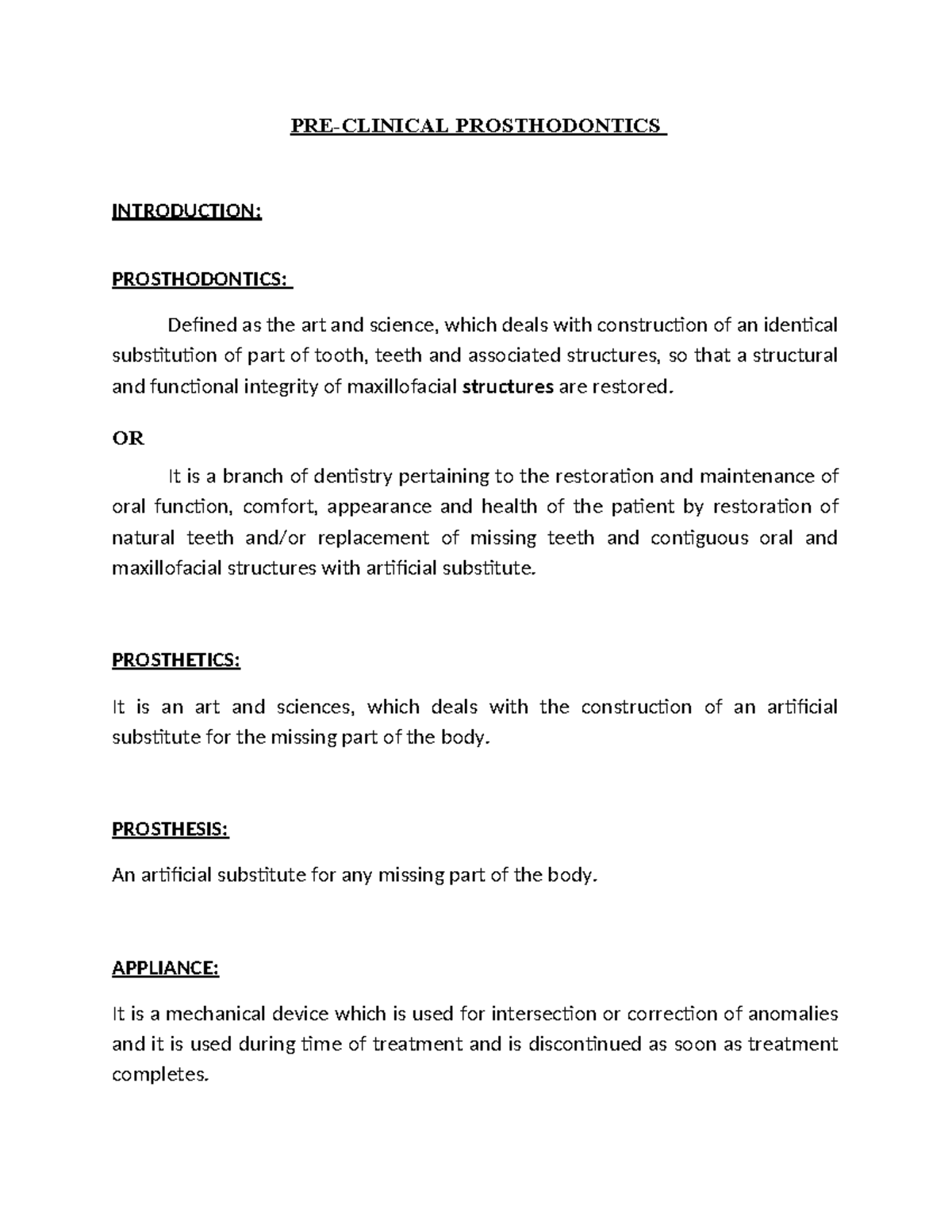 Ex 1: Introduction to Prosthodontics and Its Key Concepts - Studocu