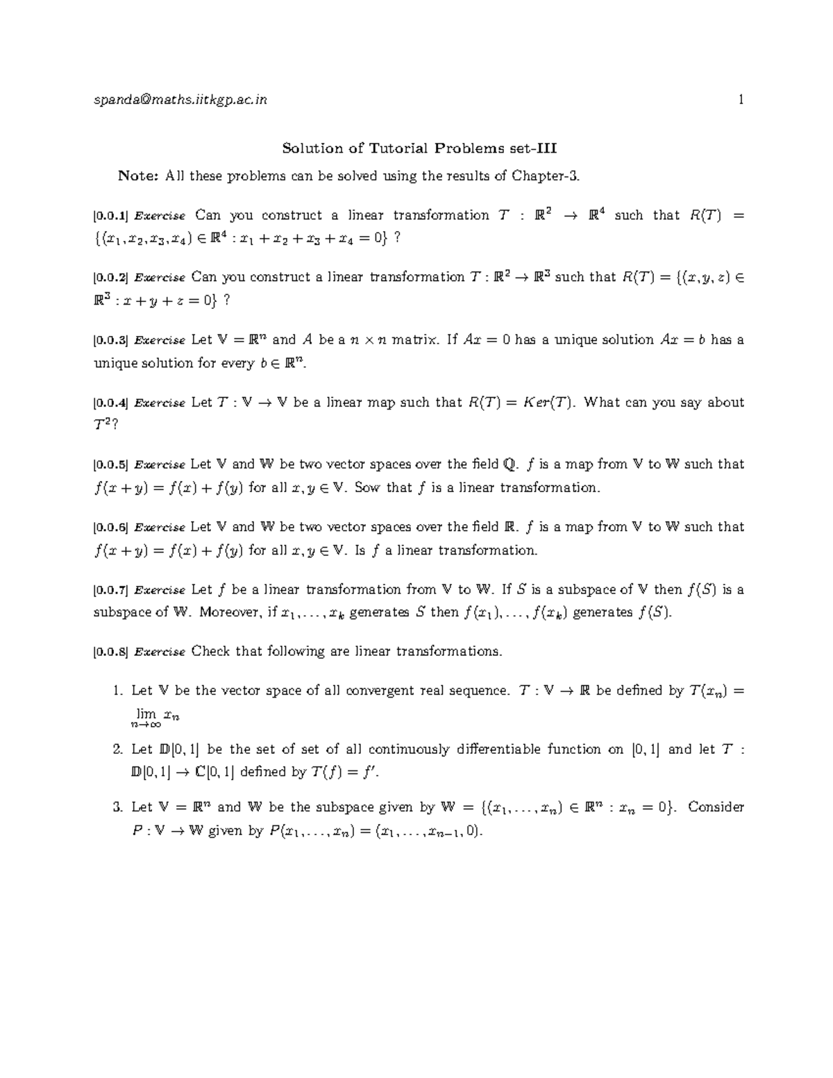 Problems Set-III Solutions: Linear Transformations Tutorial Sheet - Studocu