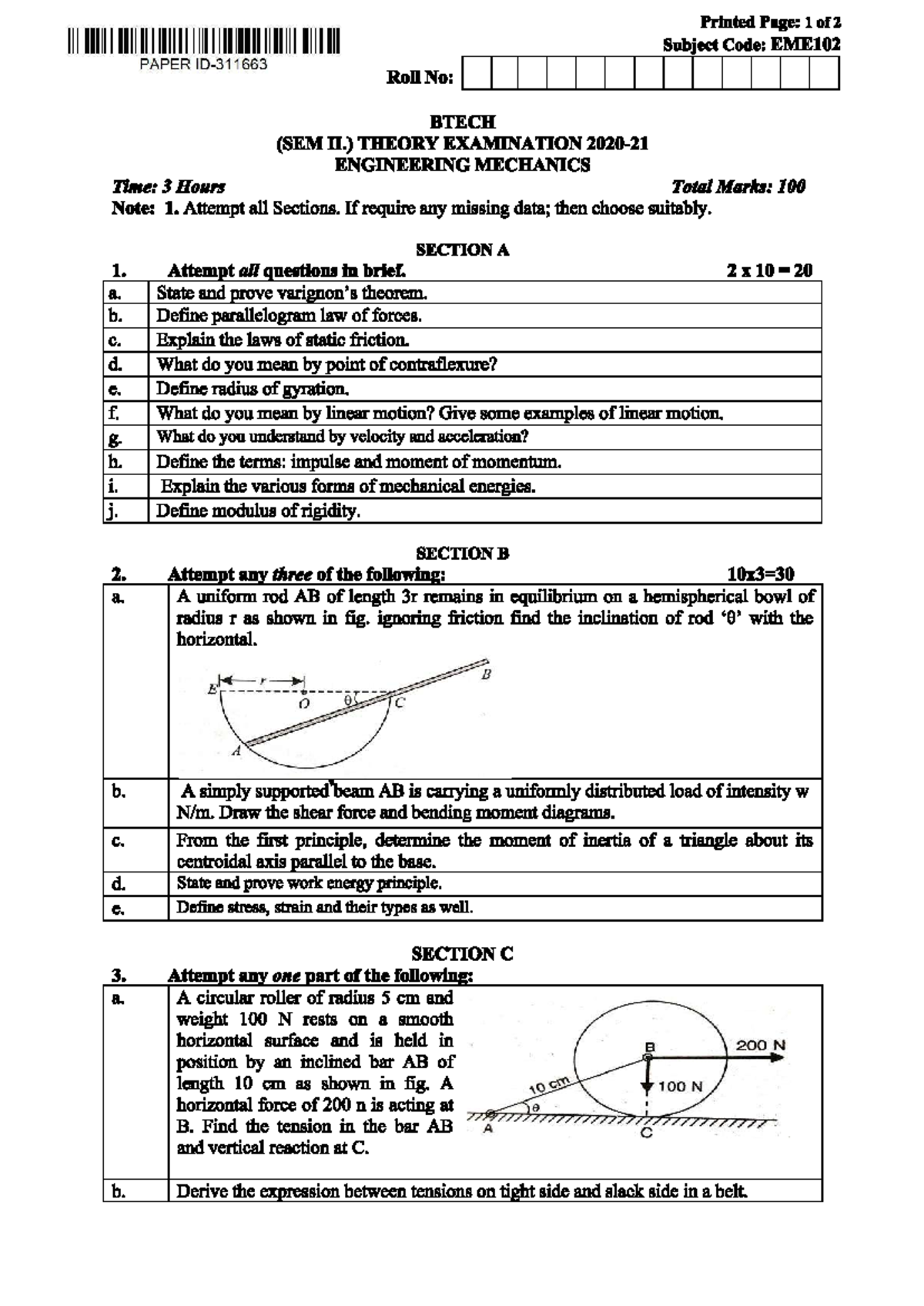 EME102 - Engineering Mechanics Theory Exam Paper (BTECH SEM II) - Studocu