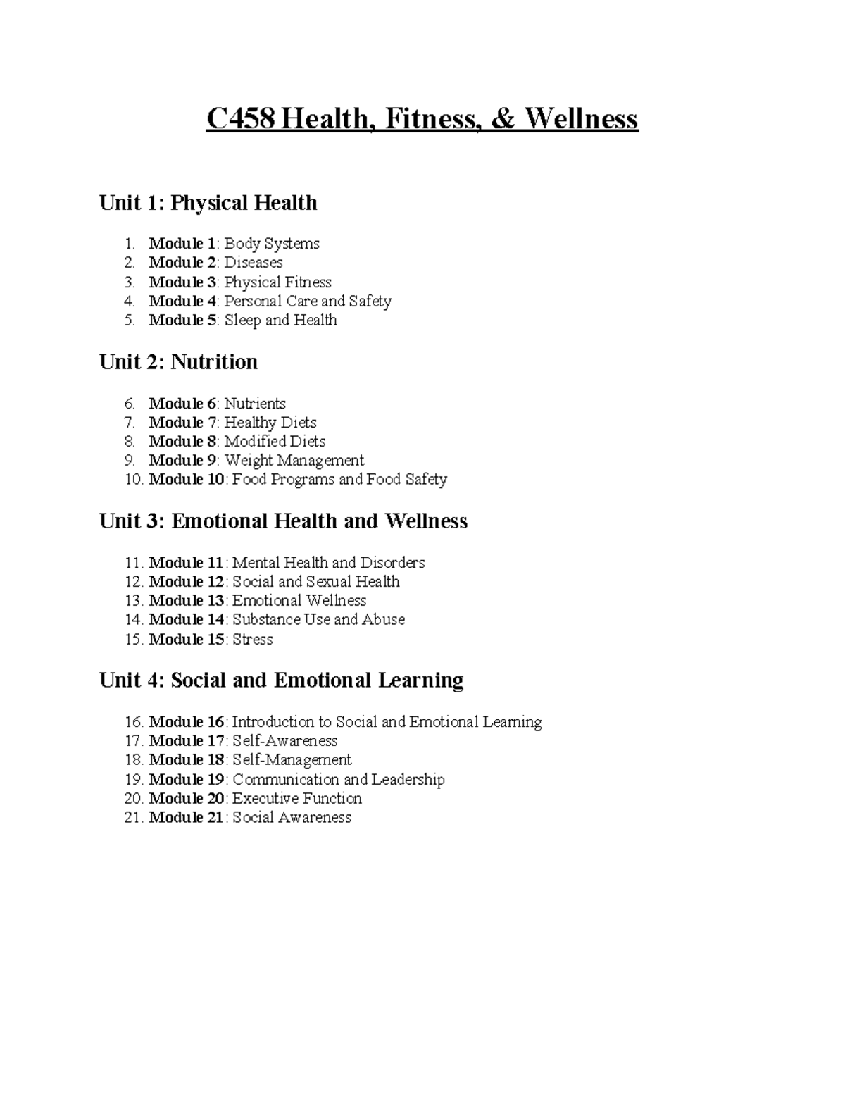 C458 Health, Fitness & Wellness: Comprehensive Course Outline - Studocu