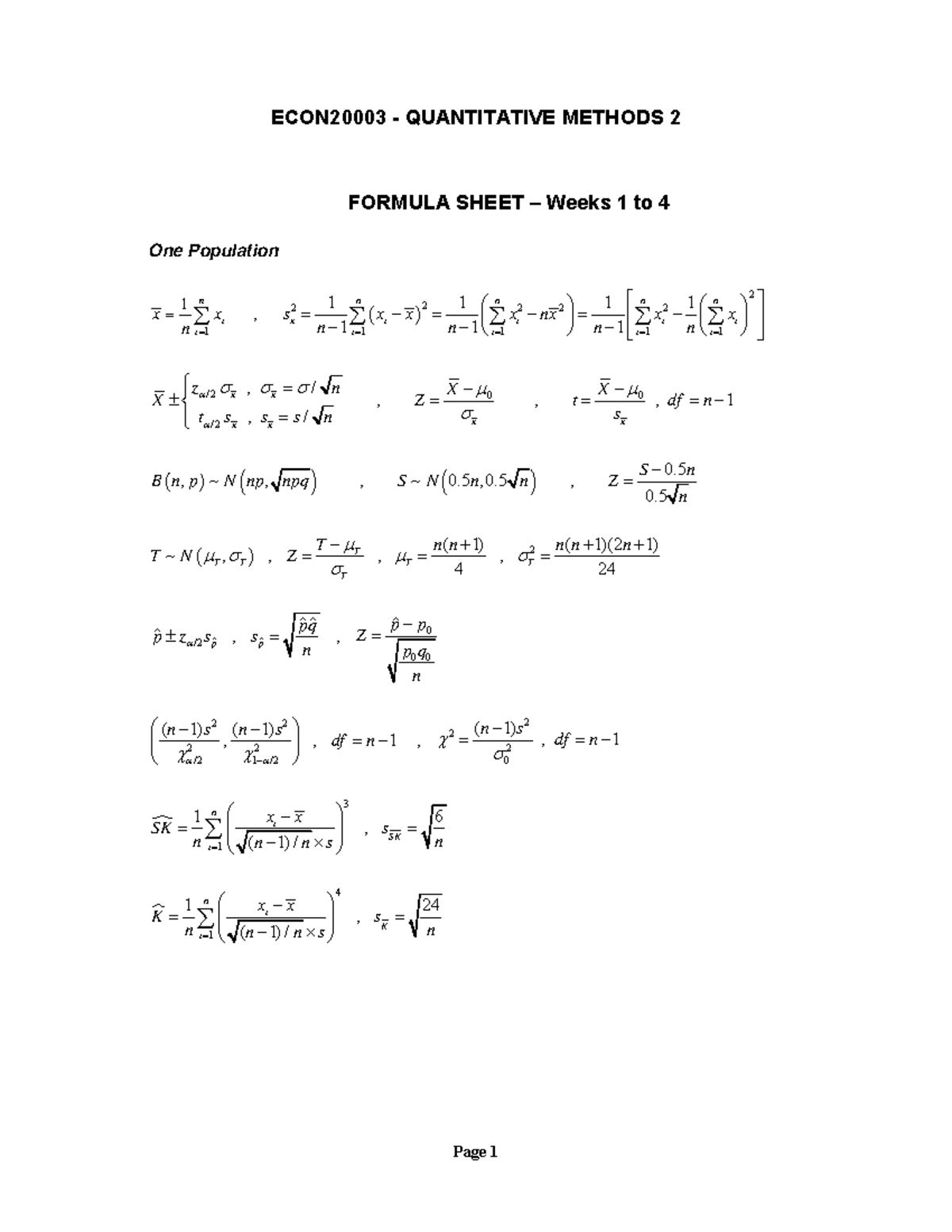 QM2 Formula sheet 2025 weeks 1-4 - Page 1 ECON20003 - QUANTITATIVE ...