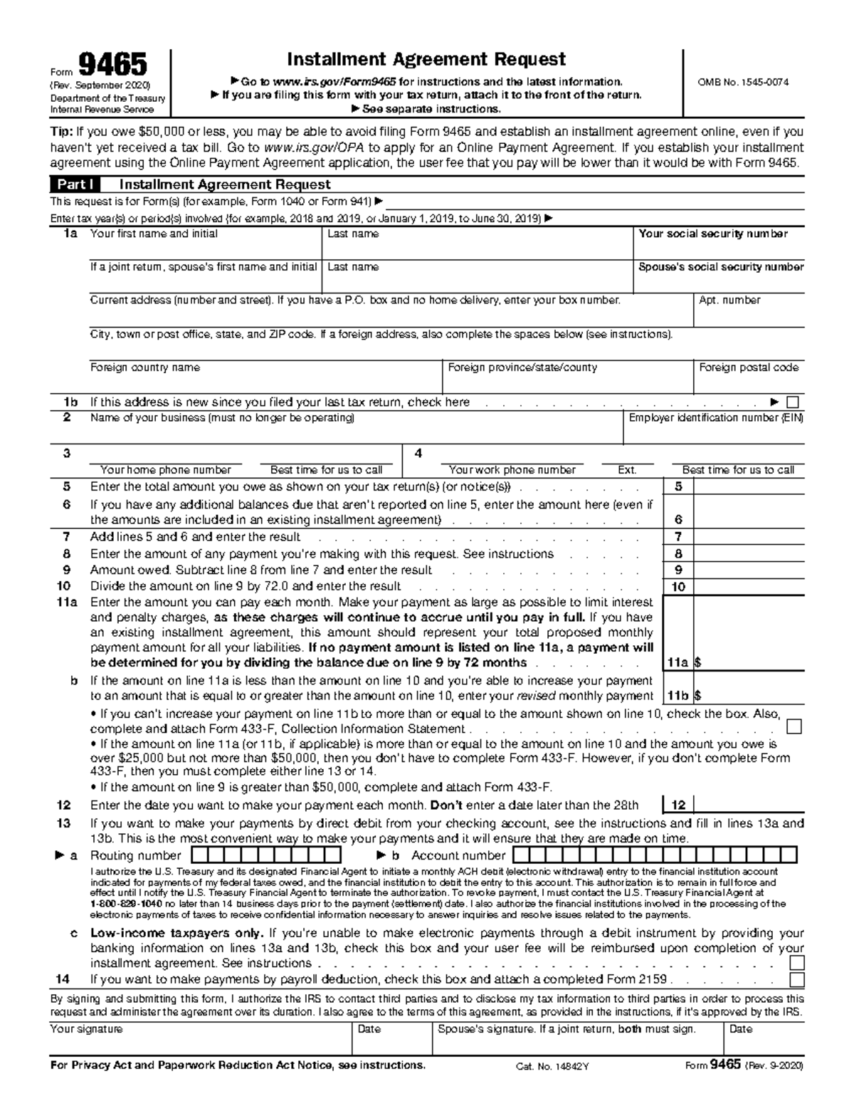 Form 9465: Installment Agreement Request - Rev. 09/2020 - Studocu