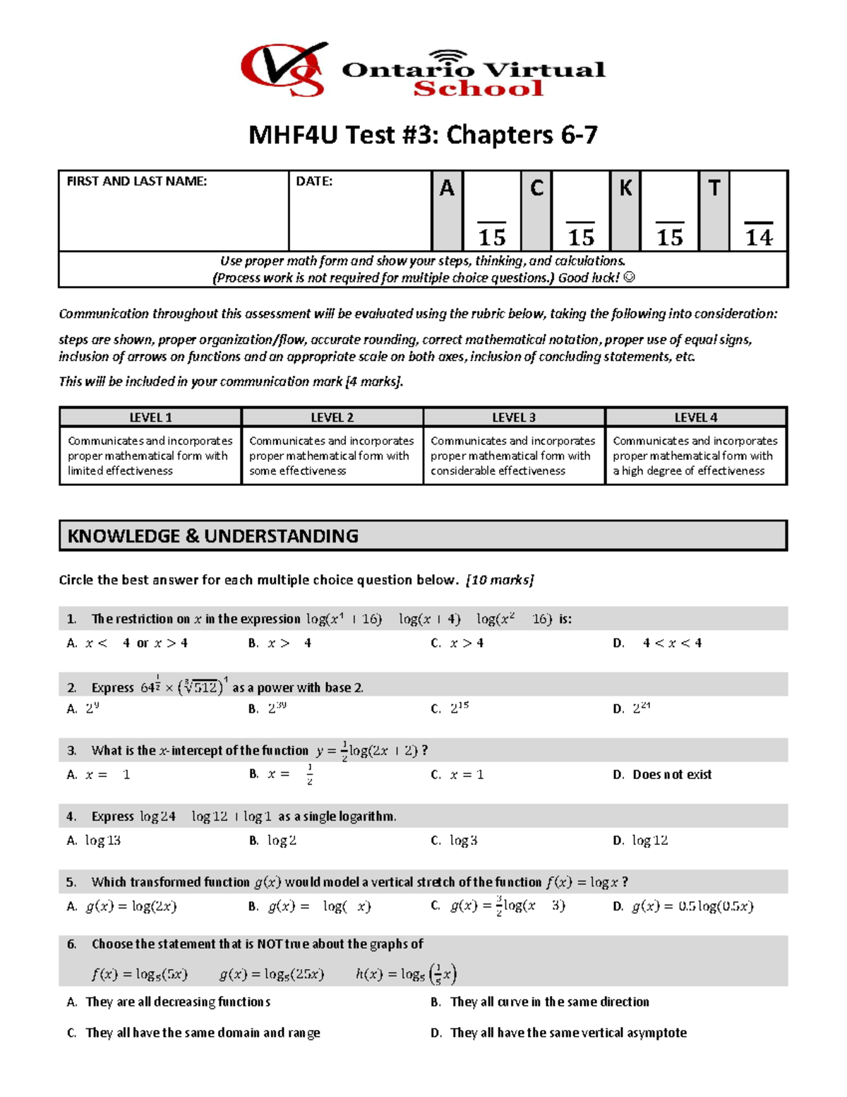 MHF4U Unit 3 Test: Logarithmic Functions and Applications - Studocu