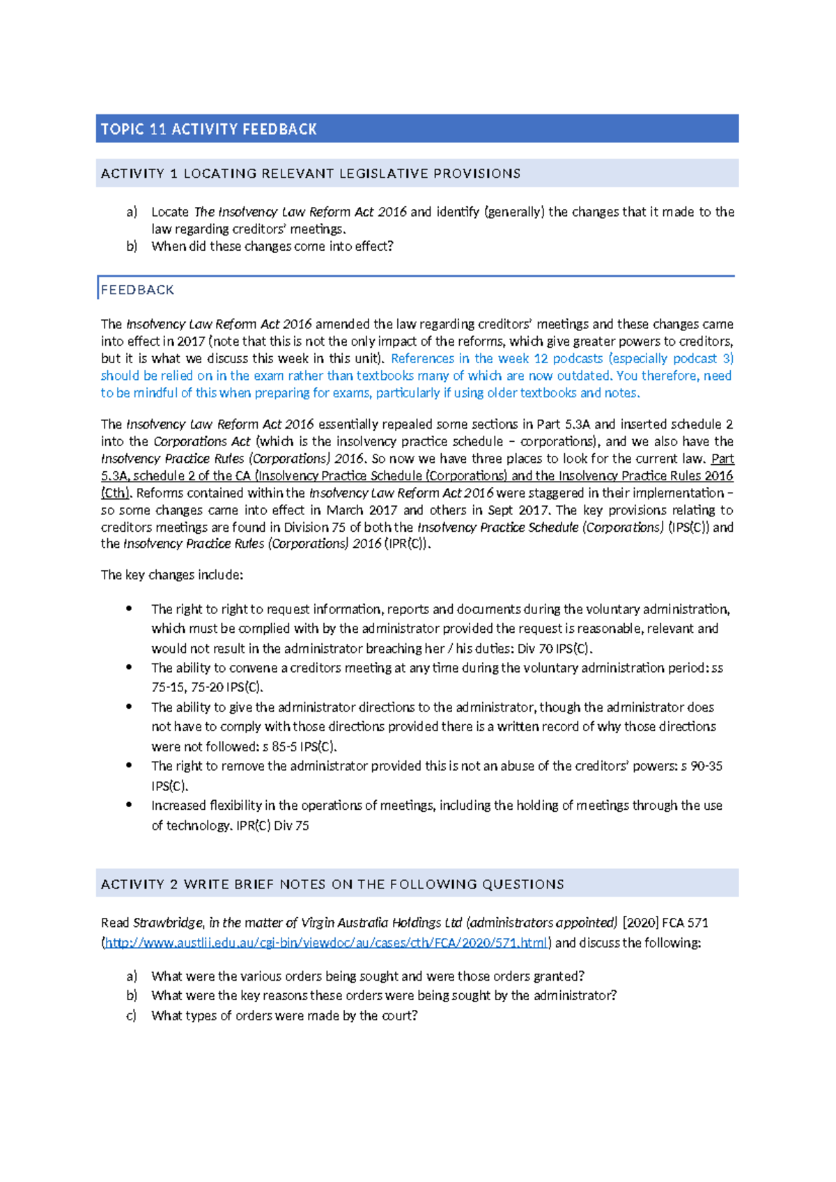 LLH305 Topic 11 Activity Feedback - TOPIC 11 ACTIVITY FEEDBACK ACTIVITY ...