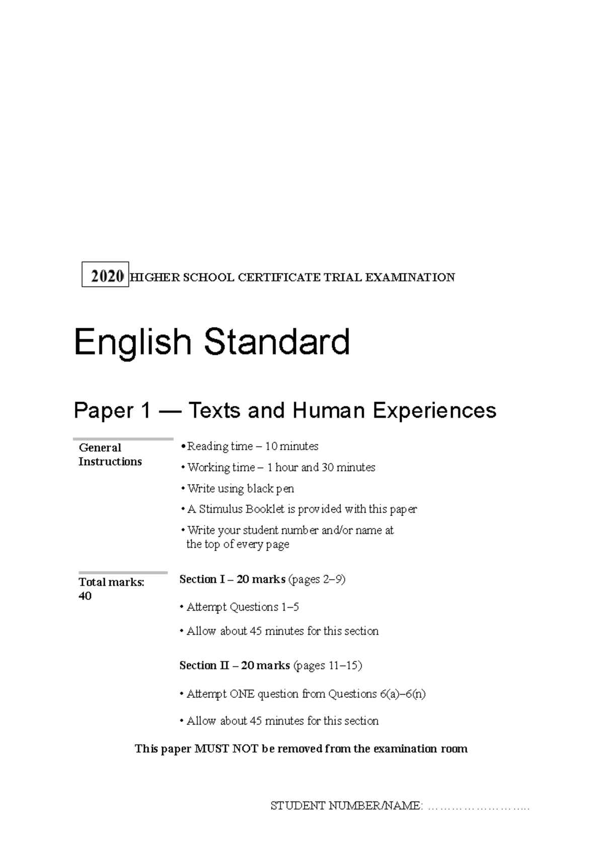 2020 HSC Trial Exam: English Standard Paper 1 - Texts & Human ...