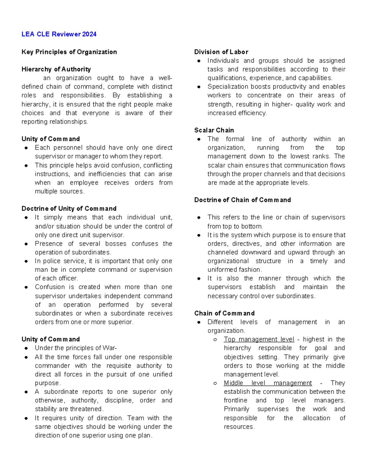 LEA CLE Reviewer 2024: Key Principles of Organizational Structure - Studocu