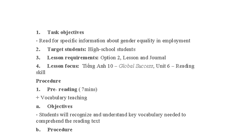 Tiếng Anh 10 Global Success: Unit 6 Gender Equality Lesson Plan - Studocu