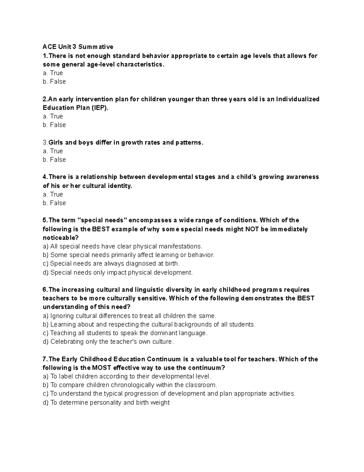 ACE Unit 3 Summative: Assessing Early Childhood Development - Studocu