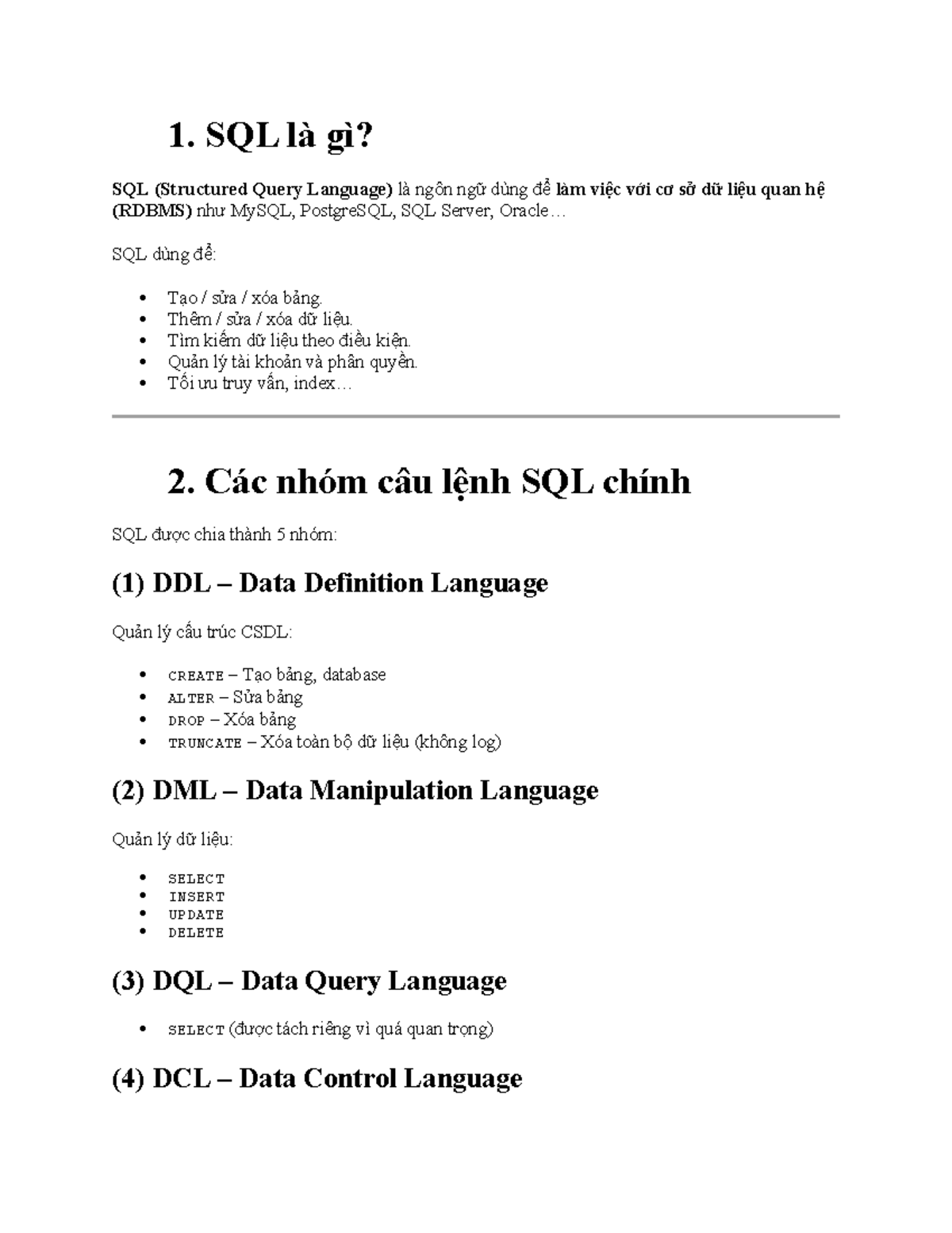 SQL Cơ Bản: Hướng Dẫn và Câu Lệnh Chính - Studocu