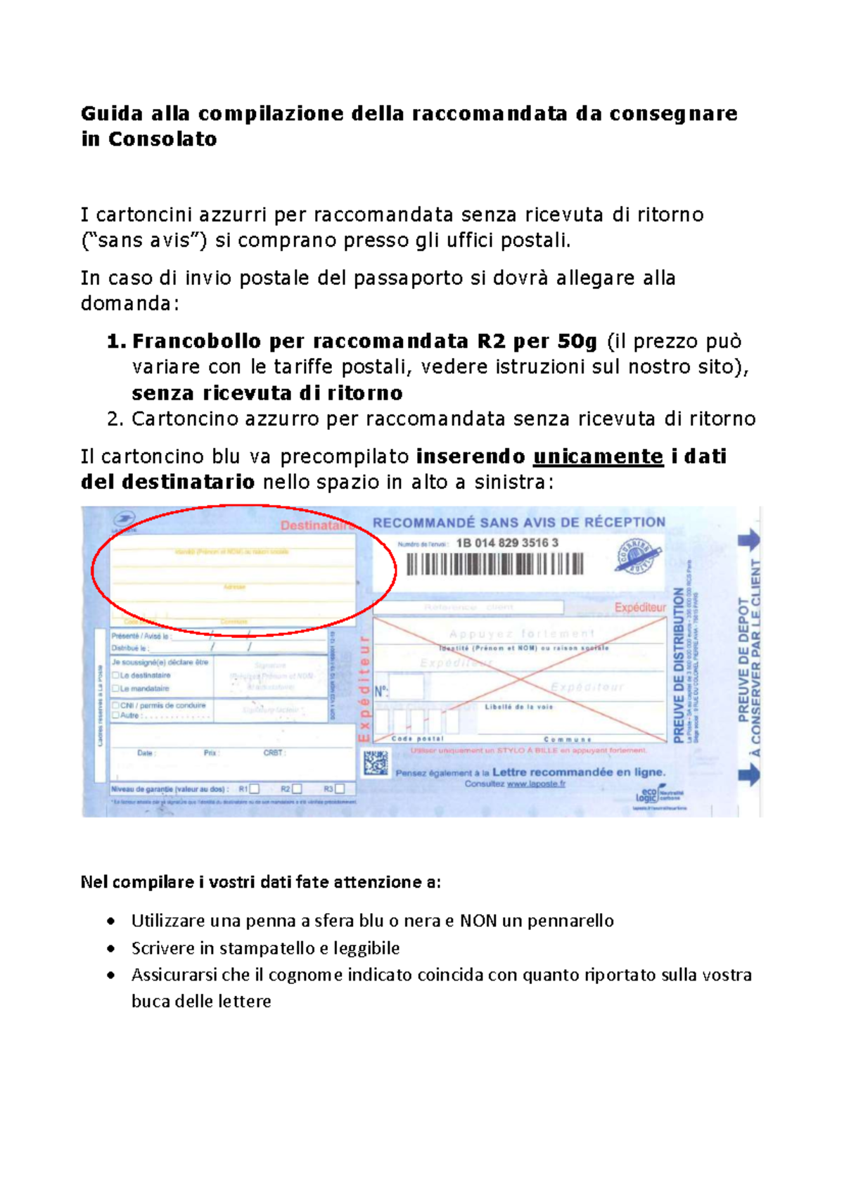 Guida alla Compilazione della Raccomandata per il Consolato - Studocu