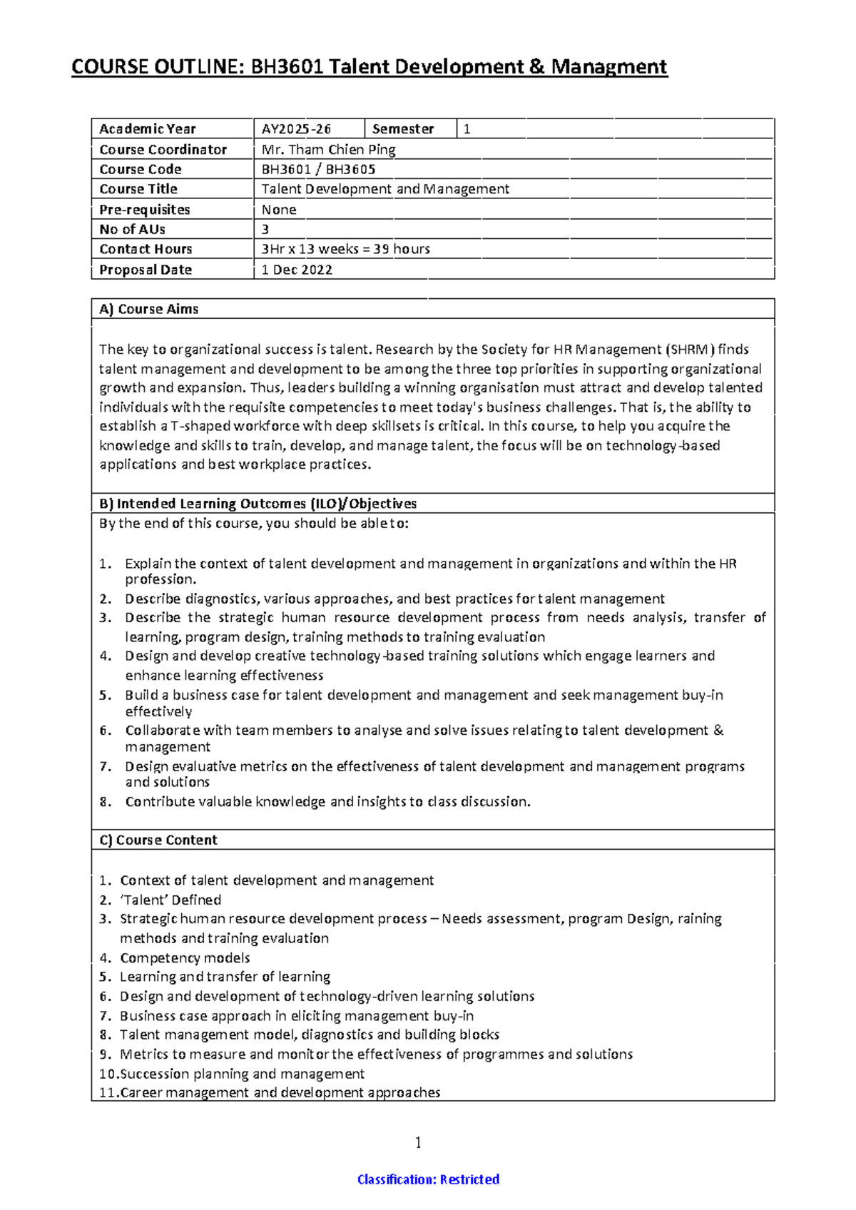 Course Outline: BH3601 Talent Development Management AY2025 S1 - Studocu