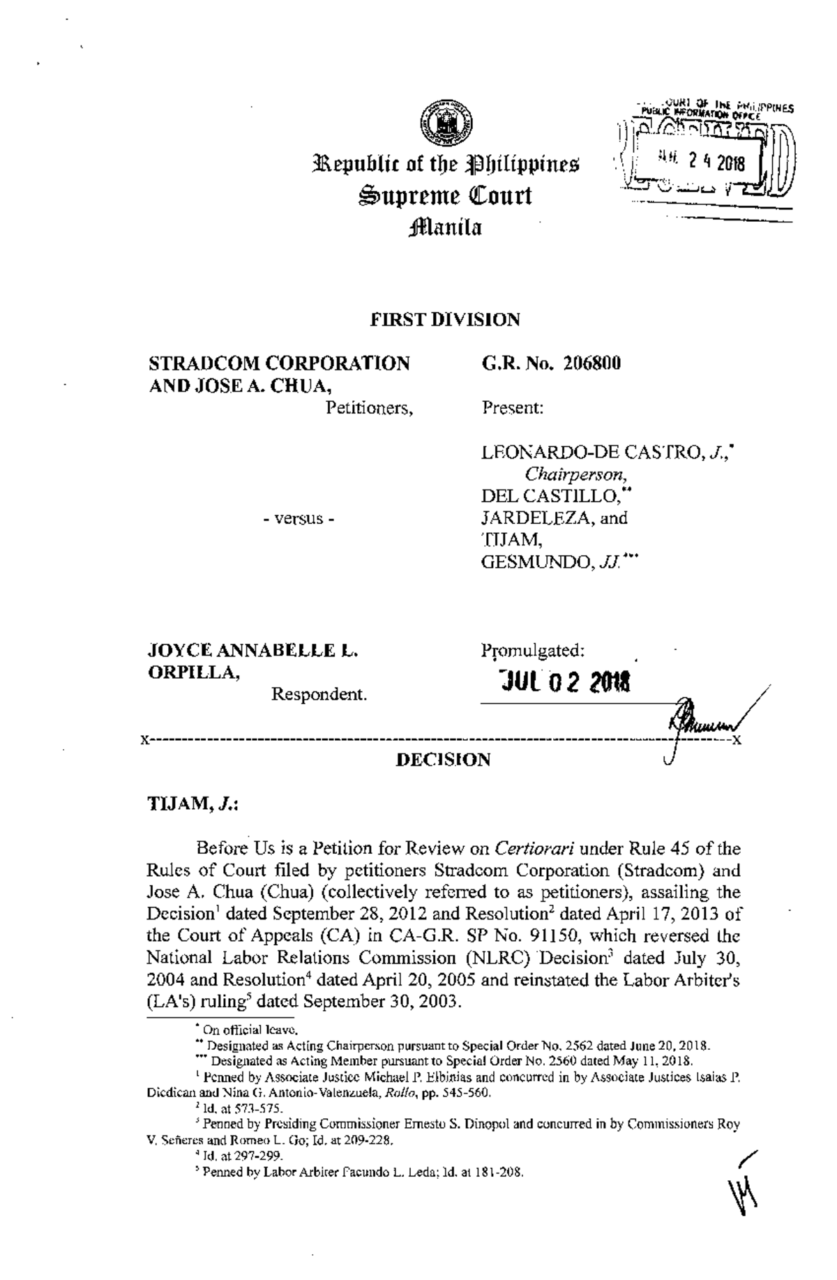 G.R. No. 206800: Decision on Stradcom Corp vs. Orpilla Case Dated July ...