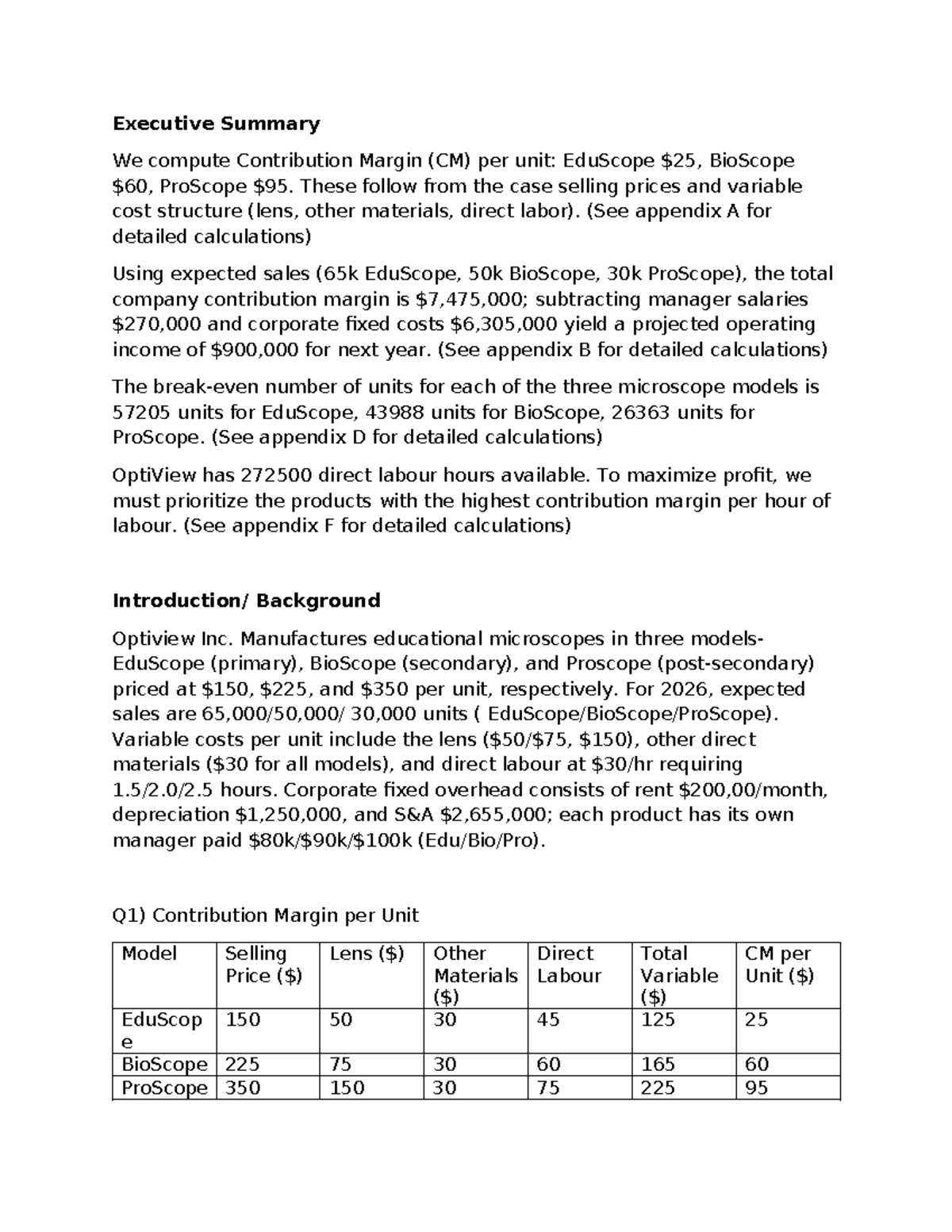 BU247 Case Study: Contribution Margin Analysis for Optiview Inc. - Studocu