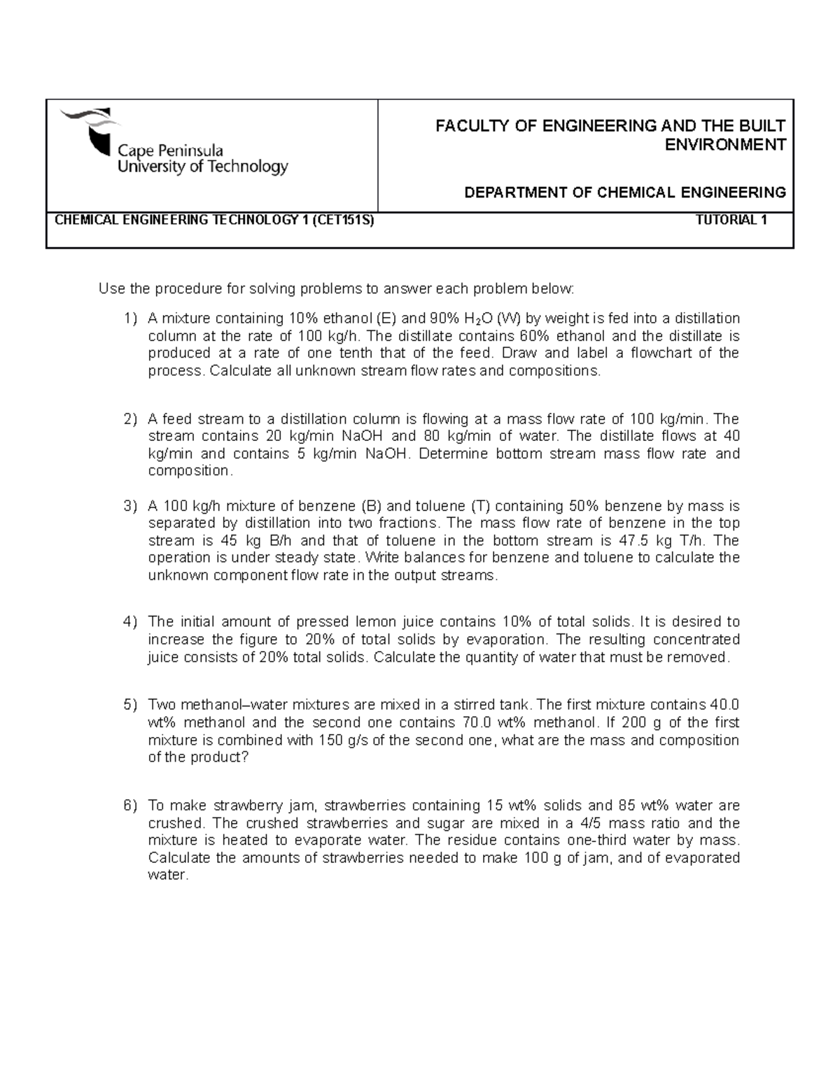 CET151S Tutorial 1: Solving Distillation and Separation Problems - Studocu