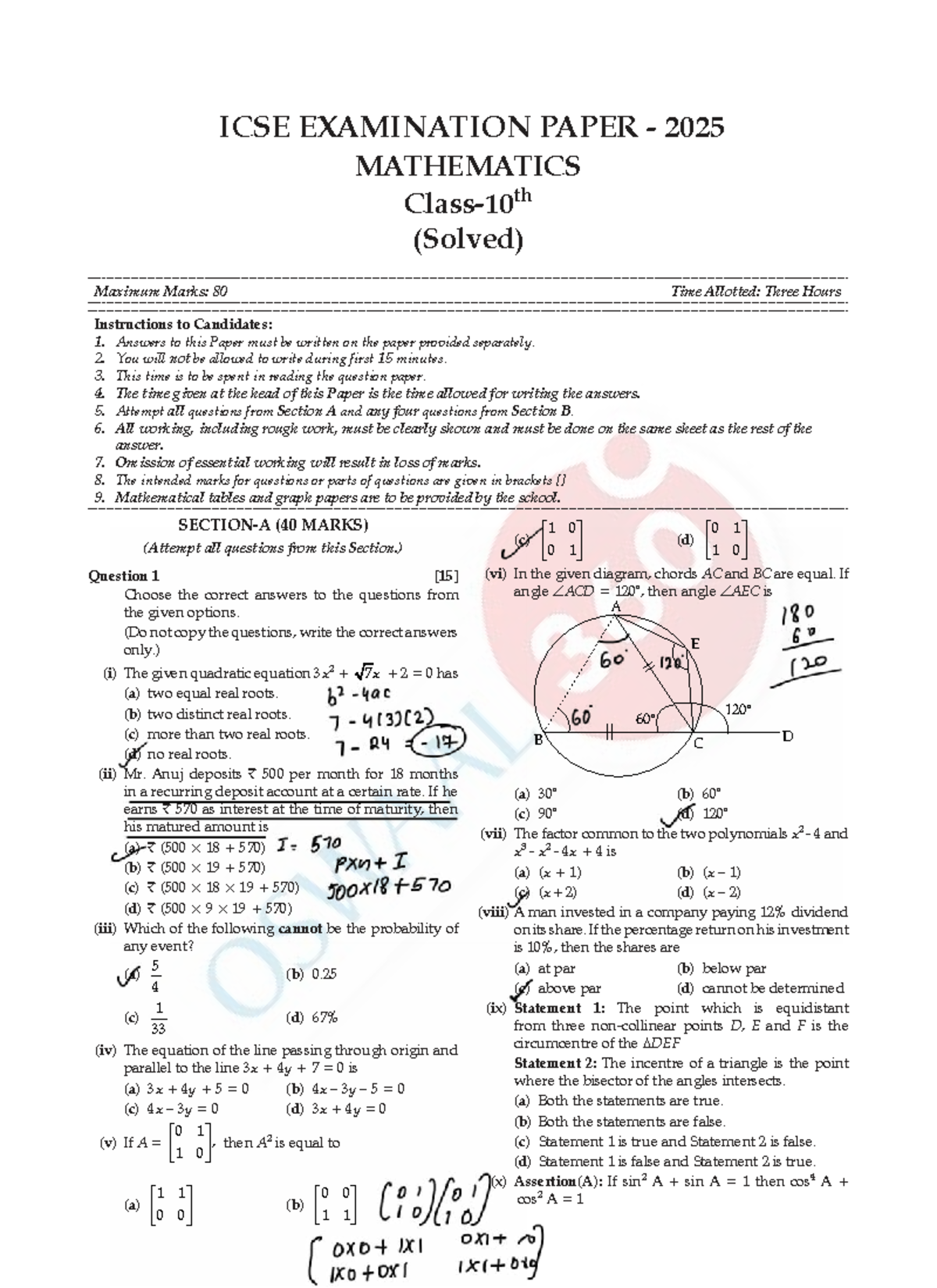 ICSE-10 Mathematics Solved Paper 2025 (Final Exam) - Studocu