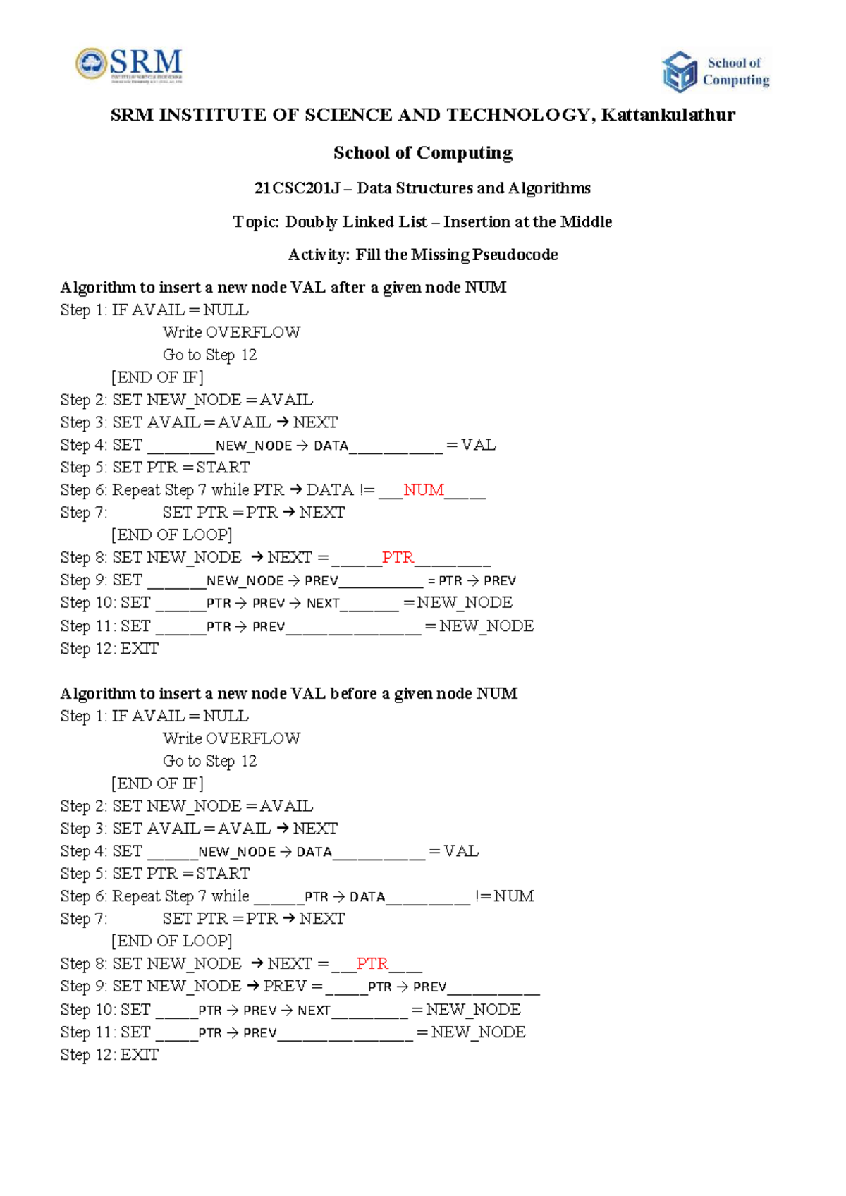 21CSC201J Data Structures: Doubly Linked List Insertion Algorithm - Studocu