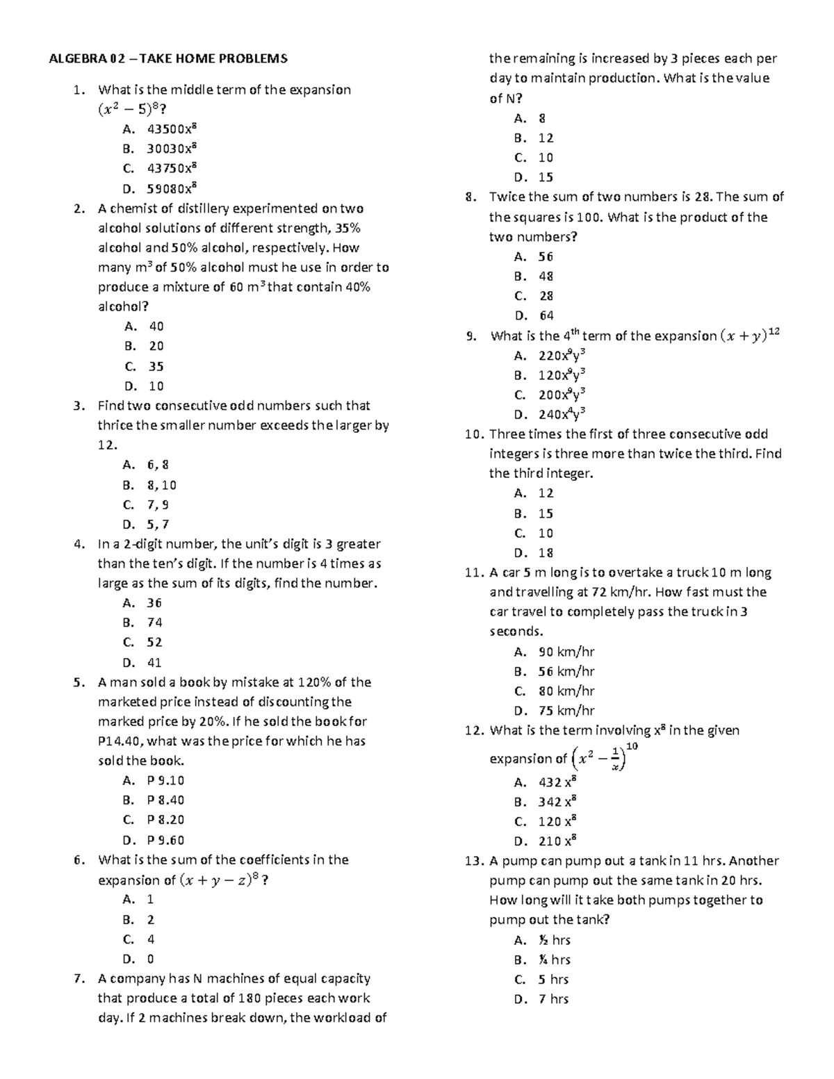 Algebra 02 - Take Home Problem Set Solutions and Explanations - Studocu