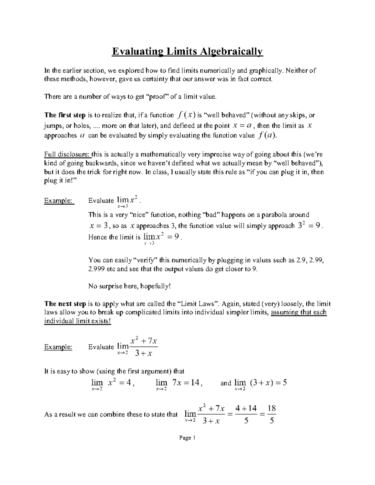 Notes - Evaluationg Limits - Evaluating Limits Algebraically In the ...