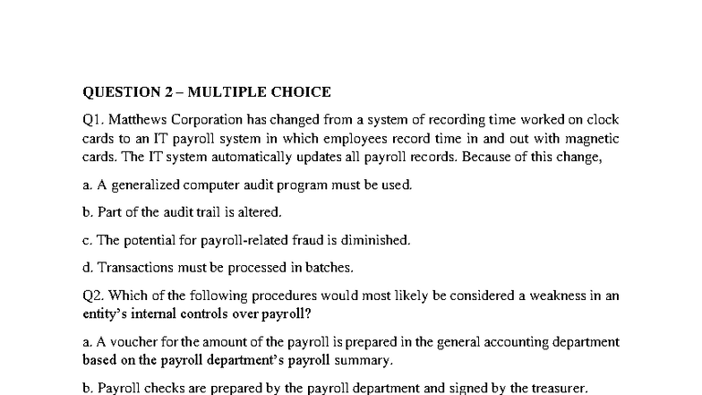 Payroll Internal Controls MCQs - ACCT 201 - Studocu
