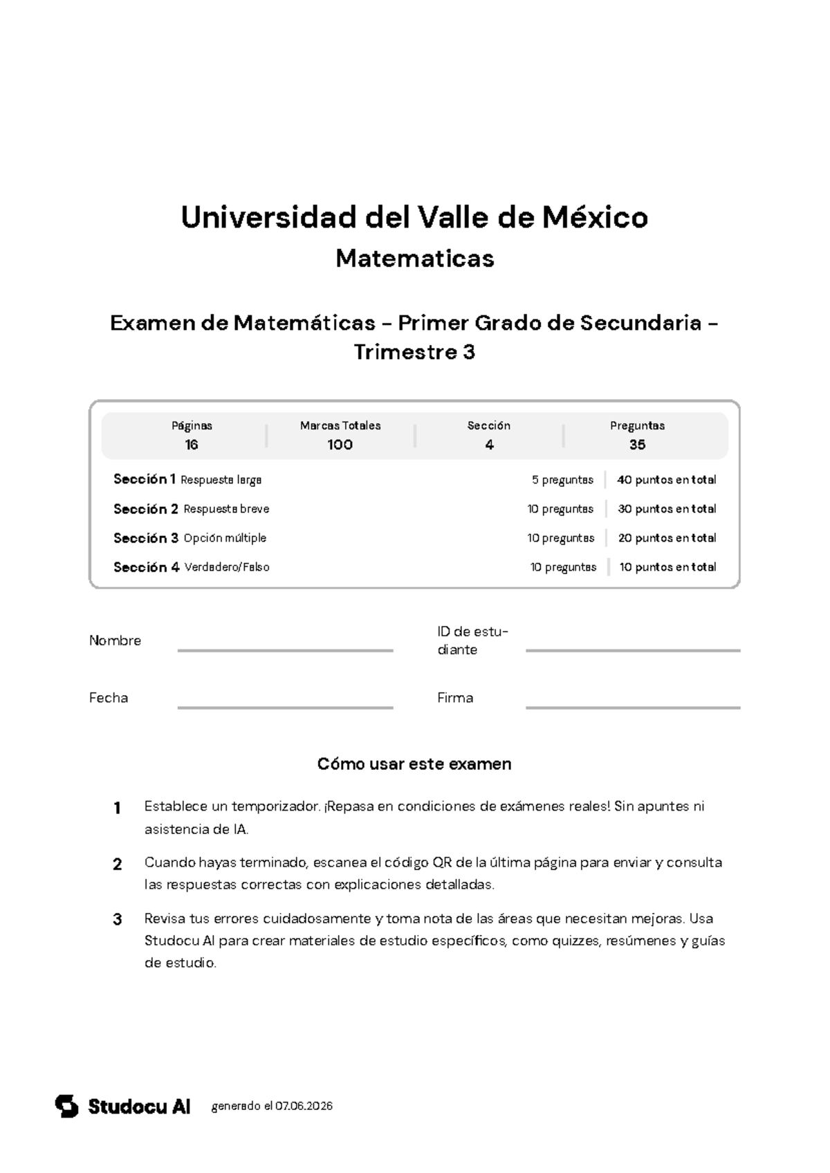 Examen de Matemáticas - Primer Grado - Trimestre 3 - Studocu