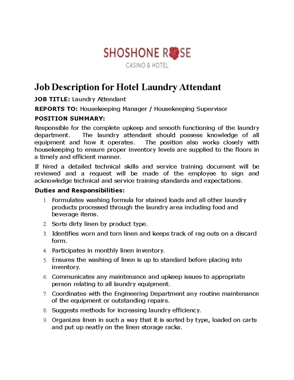 Laundry Attendant Job Description short version to post - ! Job ...