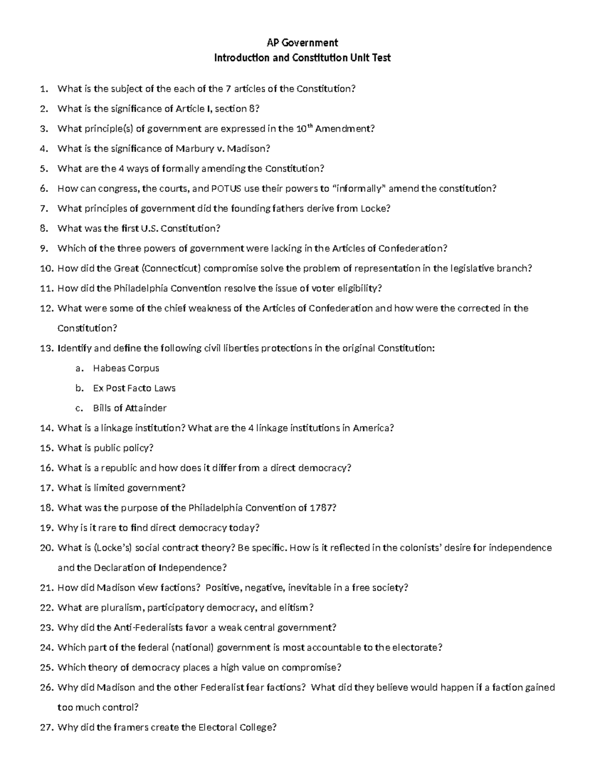 AP Government: Intro & Constitution Unit Test Study Guide - Studocu