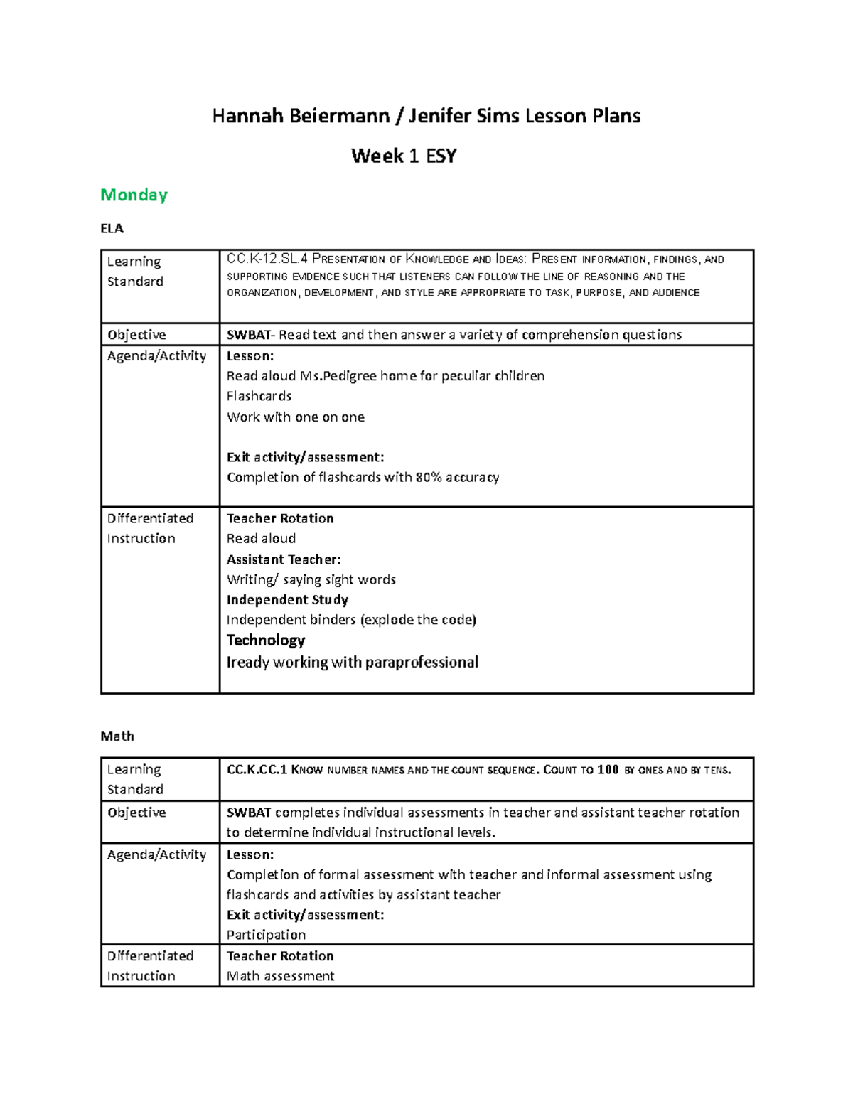 Lesson Plan Week 1 ESY 2025: ELA & Math Activities - Studocu