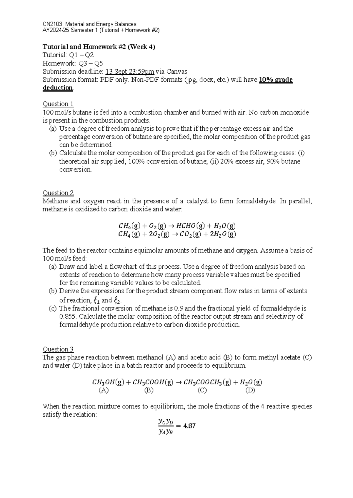 CN2103: Material and Energy Balances AY2024/25 Semester 1 (Tutorial ...