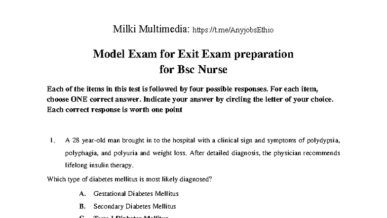 COC Exam for BSc Nurse 2: Model Questions for Exit Exam Preparation ...