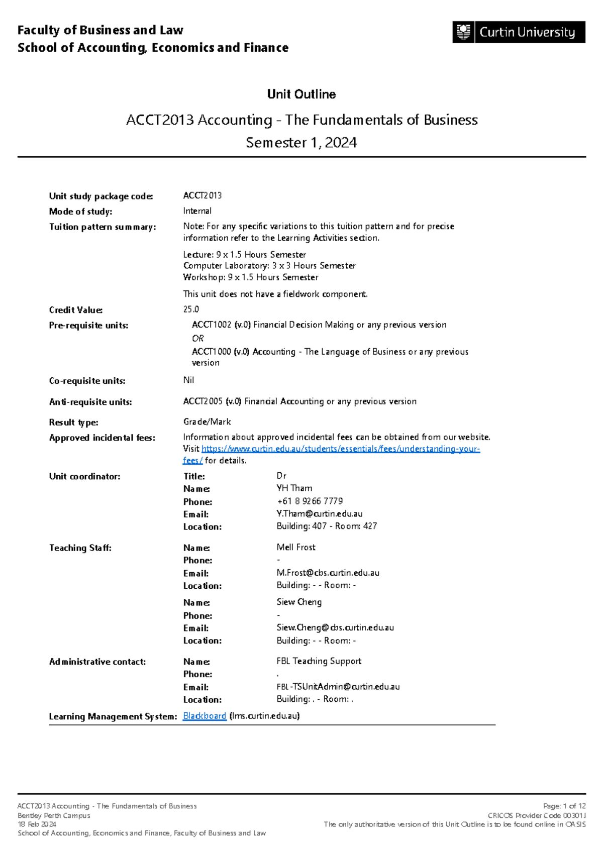 ACCT2013 Business Accounting Fundamentals Unit Outline Semester 1 2024 ...