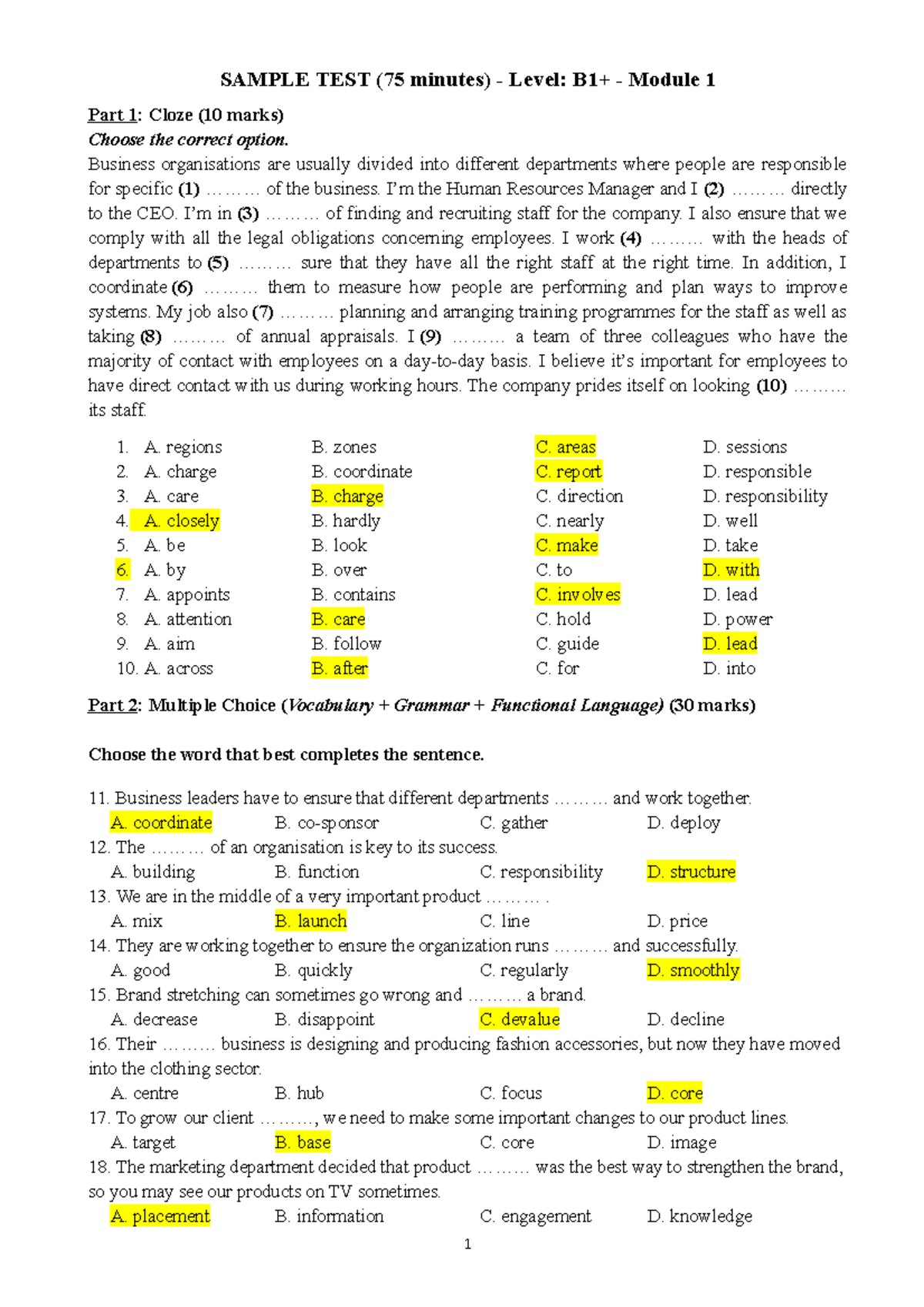 Key Sample Test - B1 Level English Exam Outline - Studocu