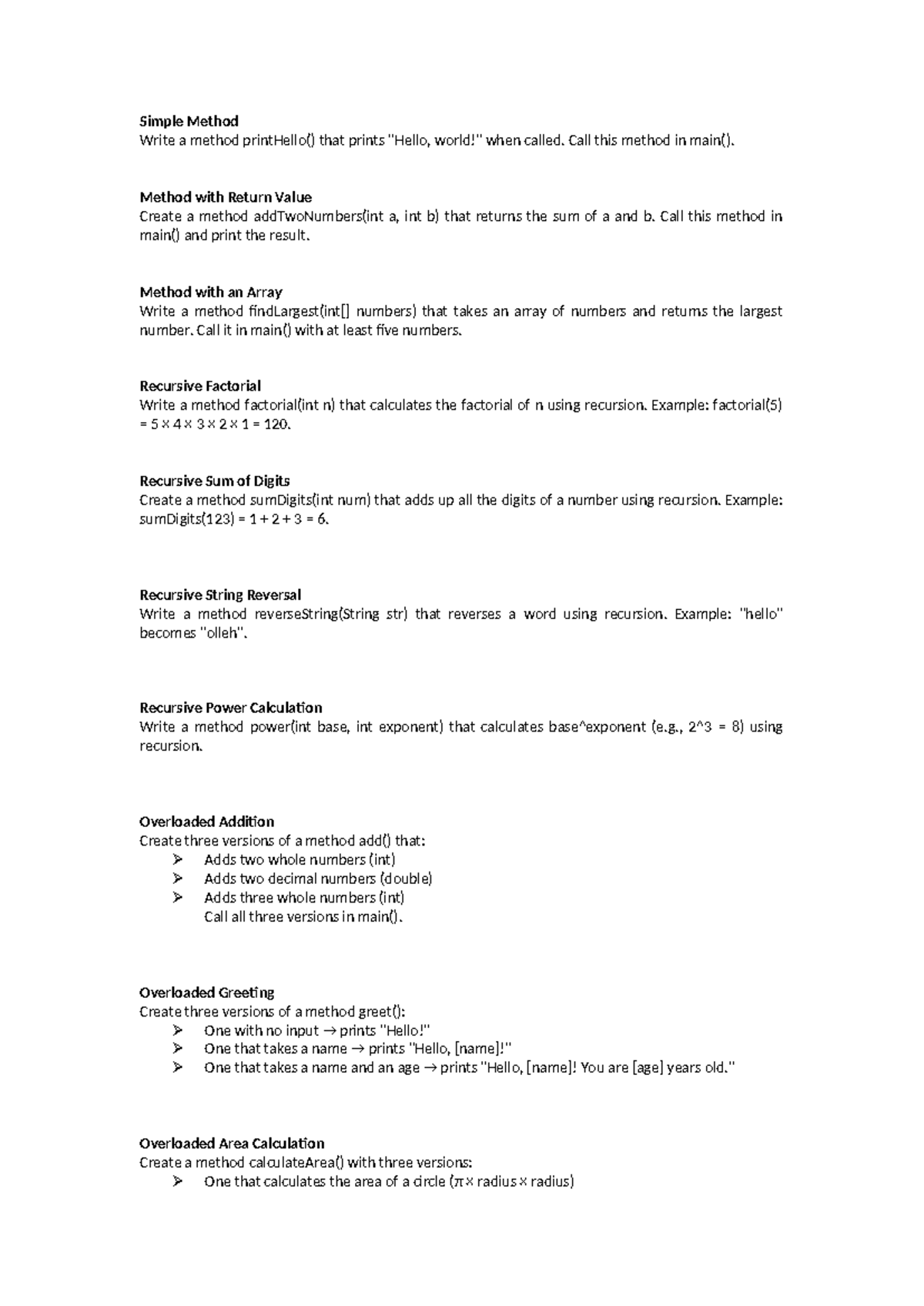 LAB EXAM Problems - Simple Method Write a method printHello() that ...