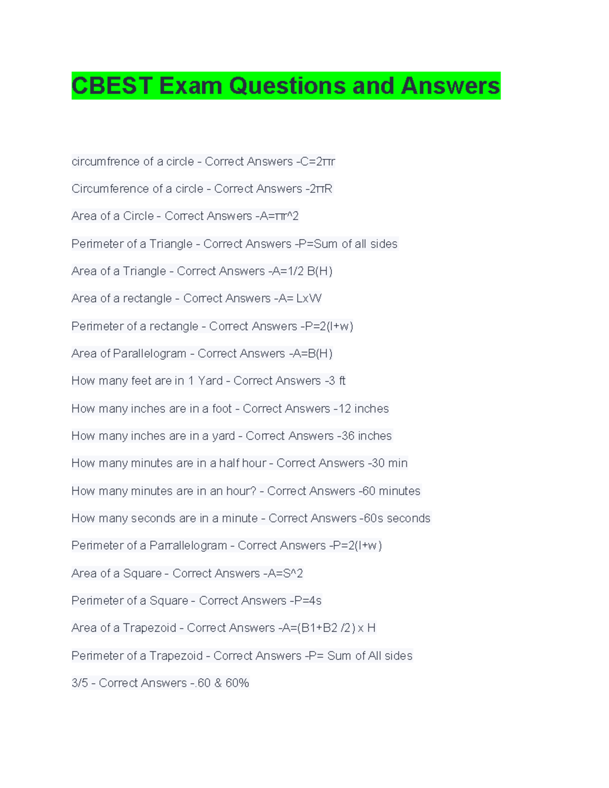 CBEST Exam Q&A: Geometry and Measurement Concepts - Studocu