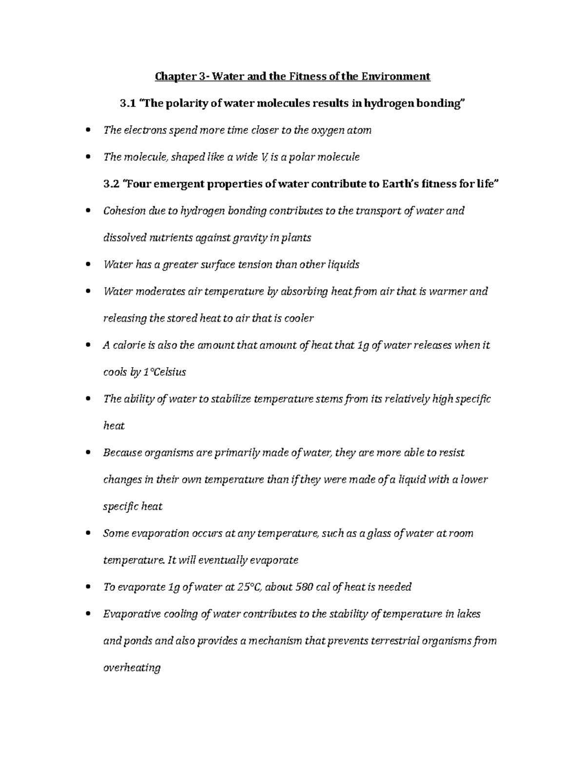 Chapter 3 Outline - Summary Campbell Biology - Chapter 3- Water and the ...