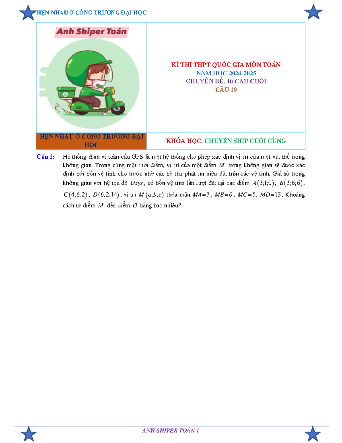 ĐỀ THI THPT QUỐC GIA MÔN TOÁN NĂM HỌC: CÂU 19 - TRƯỢT NƯỚC - Studocu