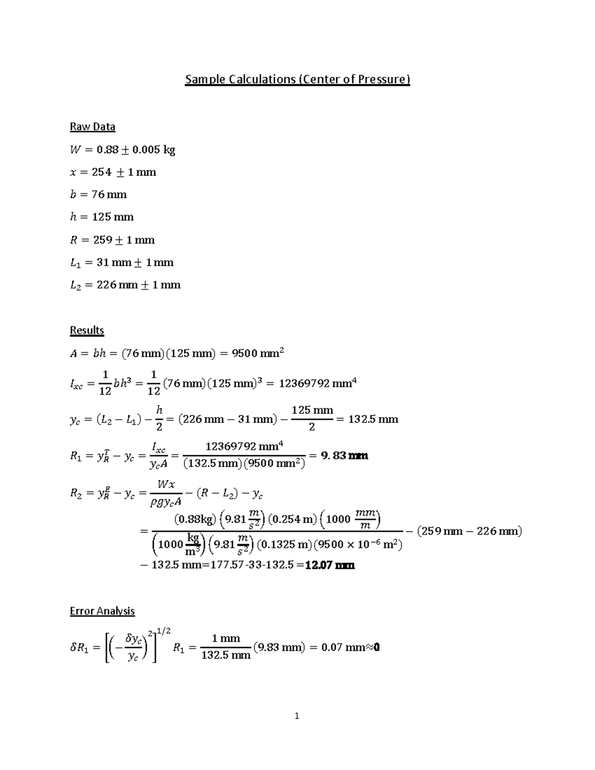 Sample Calculations Center of Pressure - 𝟖𝟑 mm 𝑦𝑐 𝑦𝑐 𝐴 (132 mm)(9500 ...